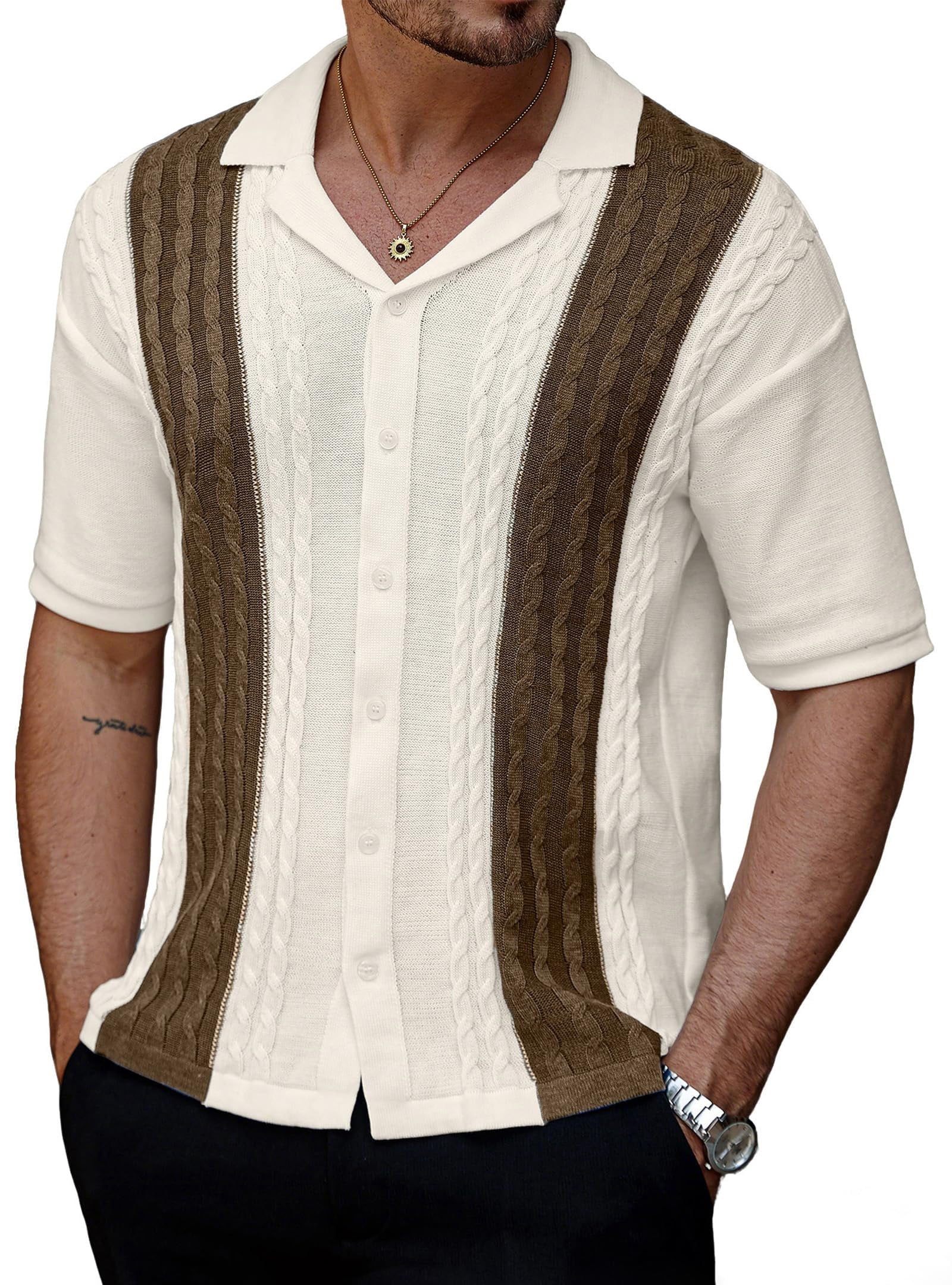 Zaitun Men's Knit Shirts Short Sleeve Vintage Cuban Collar Button Down ...