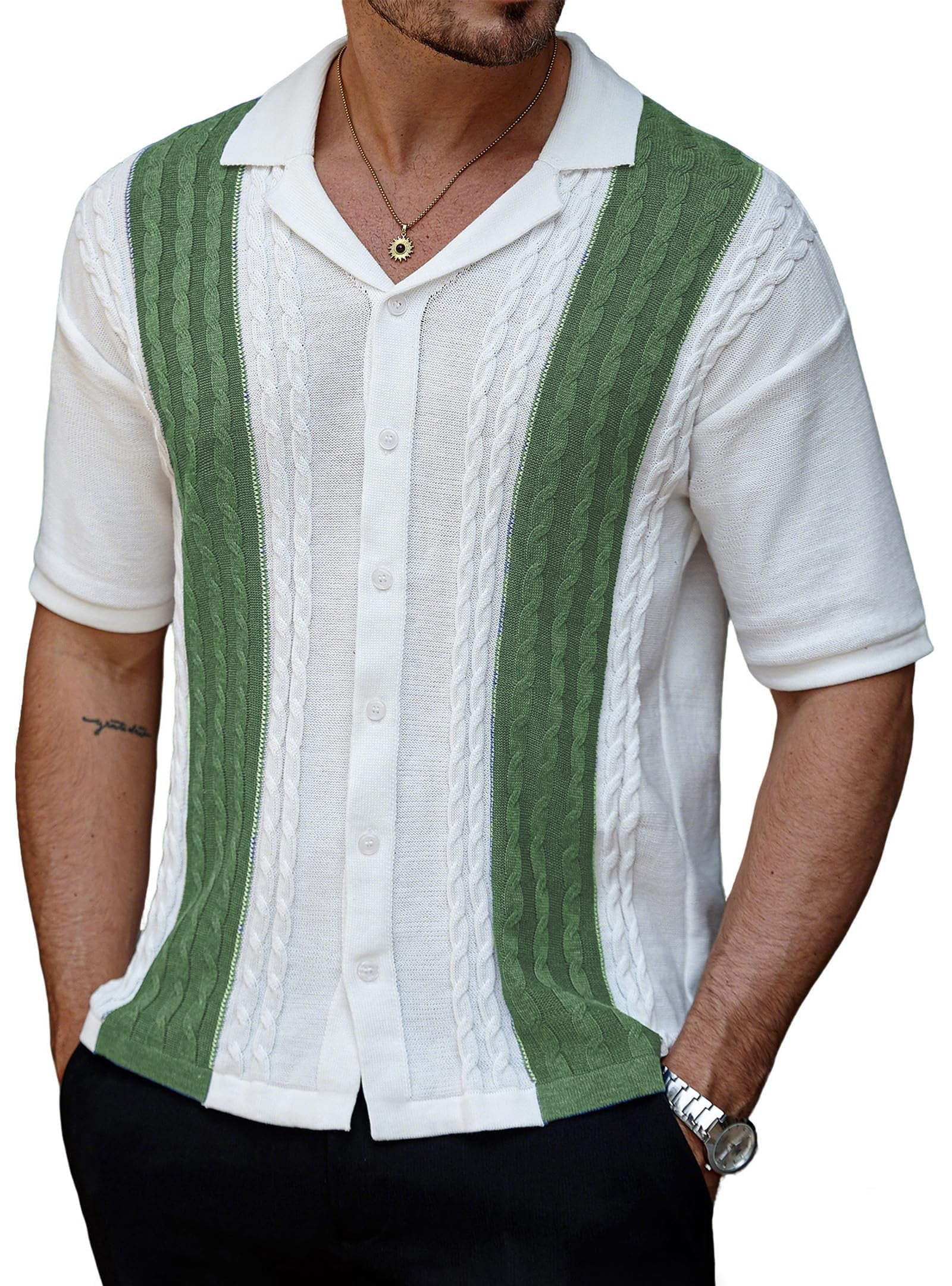 Zaitun Men's Knit Shirts Short Sleeve Vintage Cuban Collar Button Down with Crochet Cable Design ...