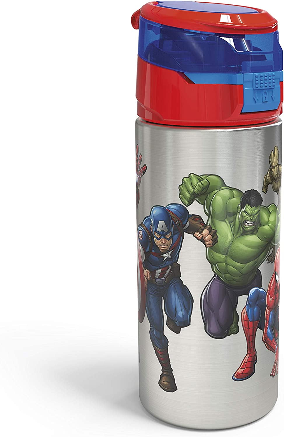 Zak Designs Marvel Comics Durable Single Wall Stainless Steel Water Bottle with Push-Button Flip ...