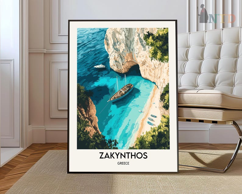 Zakynthos Greece Travel Poster - Navagio Beach Wall Art, Zakynthos ...