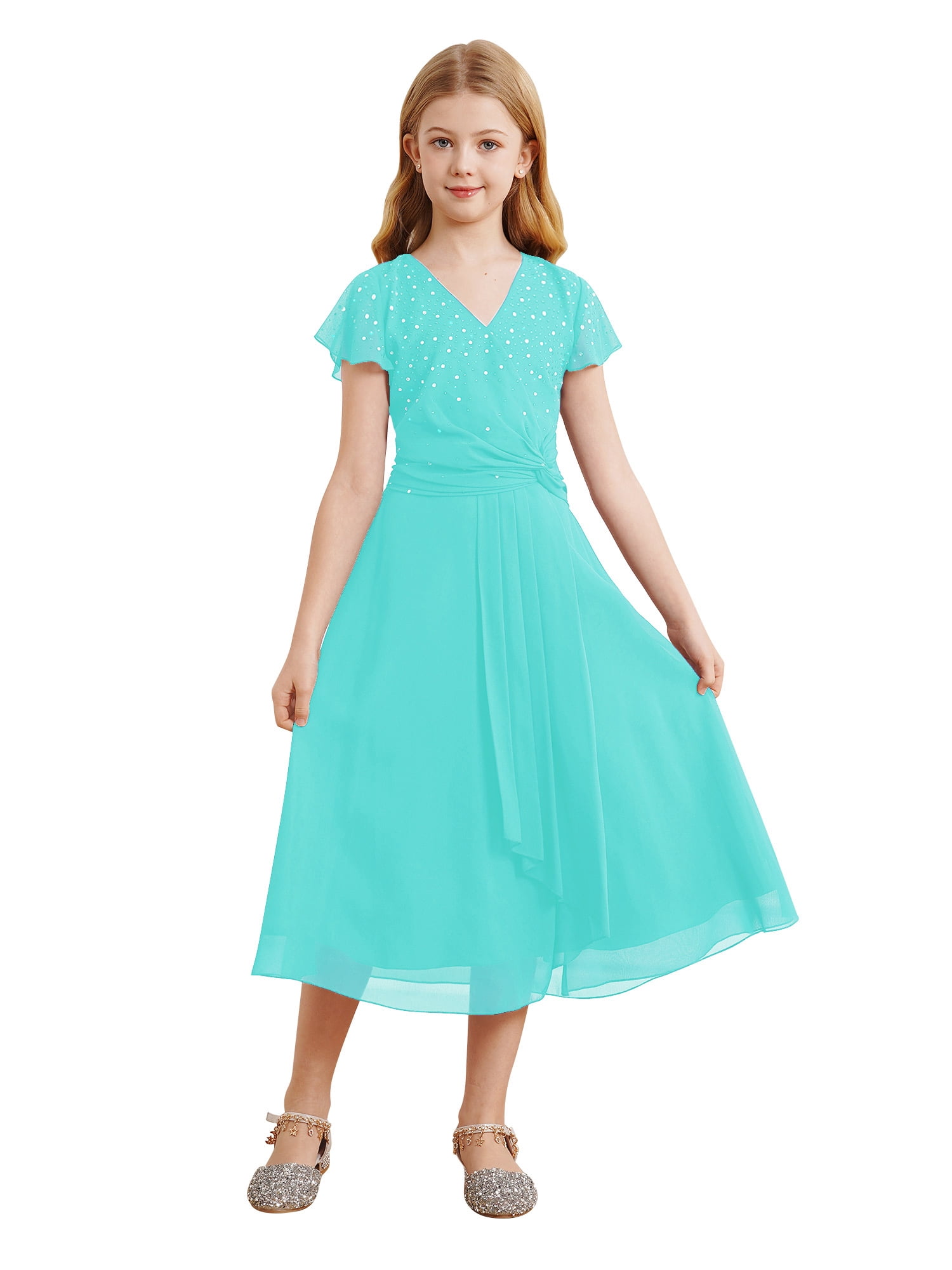 Zaldita Kids Flower Girl Chiffon Wedding Dress Cap Sleeve Ruched Junior ...