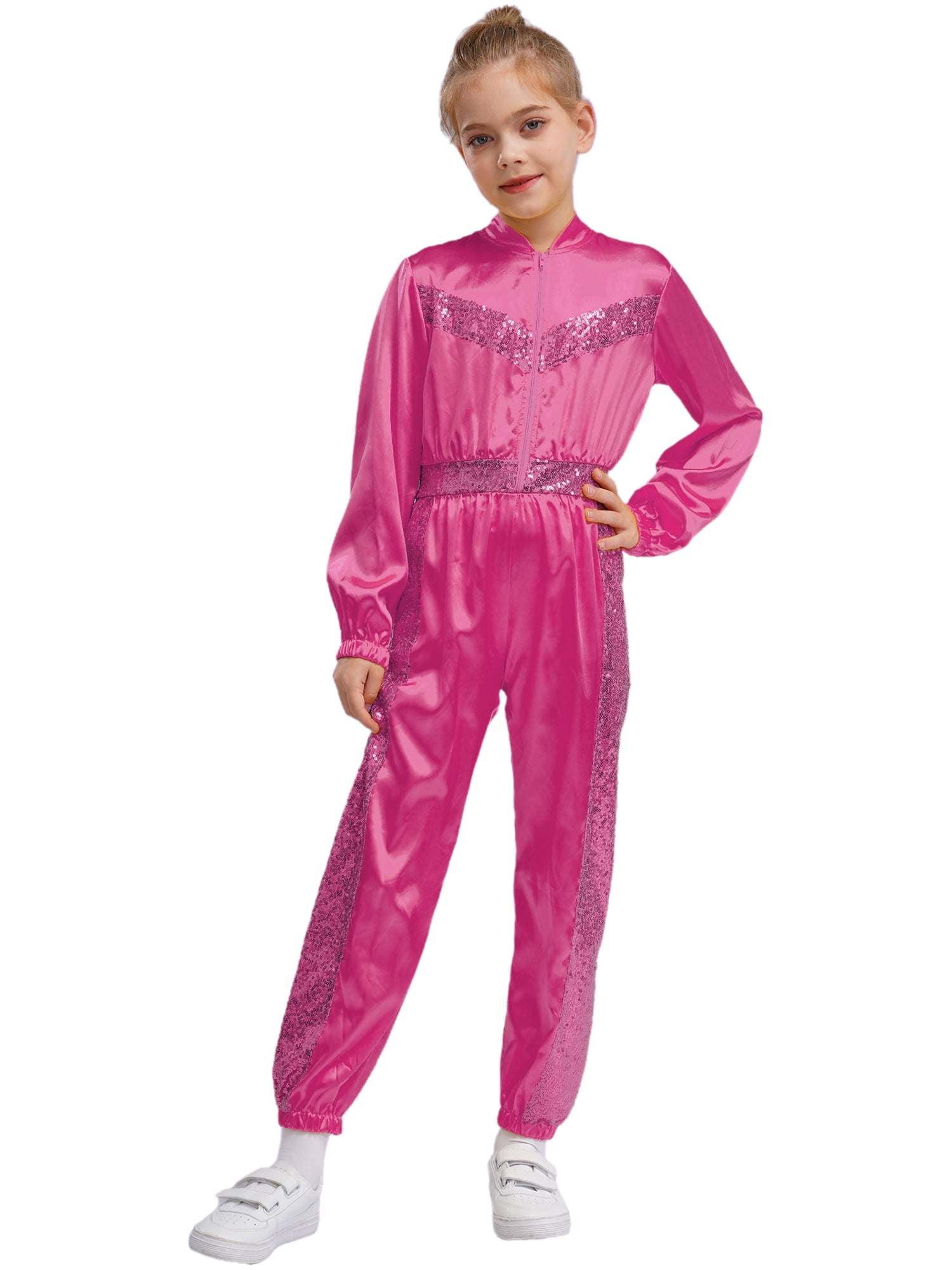 Zaldita Kids Girls Shiny Sequins Satin Jumpsuit Long Sleeve Zipper ...