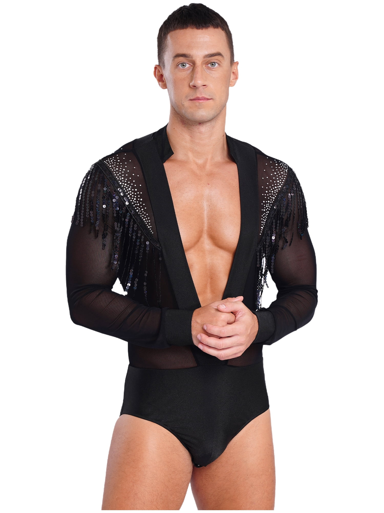 Zaldita Men's Latin Dance Shirt Sheer Mesh Patchwork Fringe Bodysuit Modern Dance Leotard ...