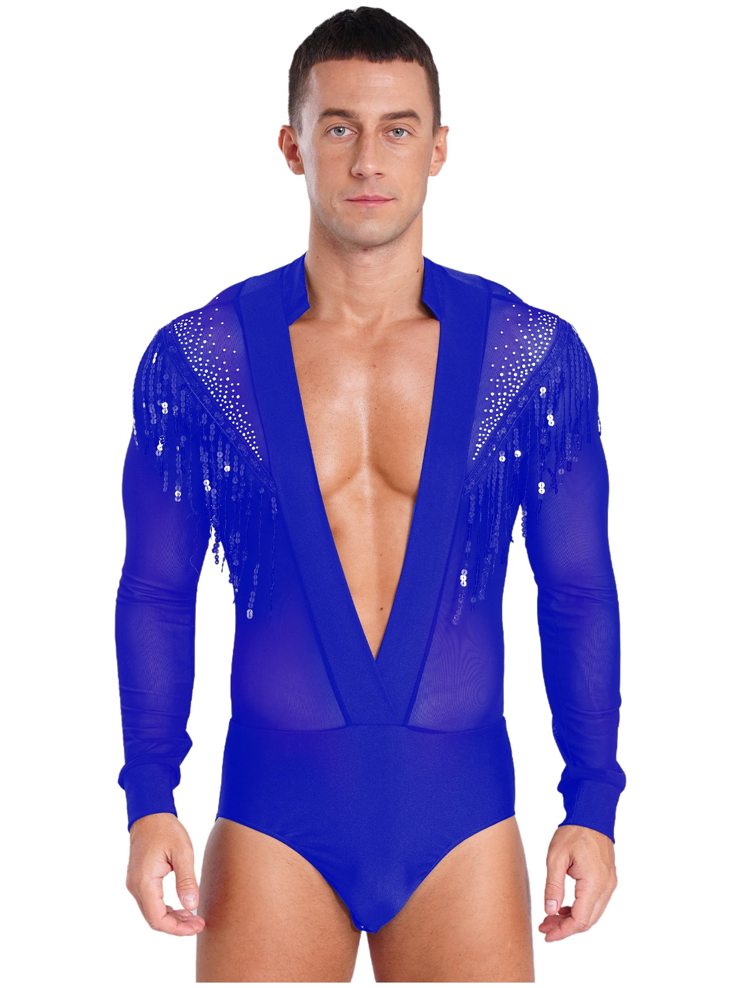 Zaldita Men's Latin Dance Shirt Sheer Mesh Patchwork Fringe Bodysuit Modern Dance Leotard ...