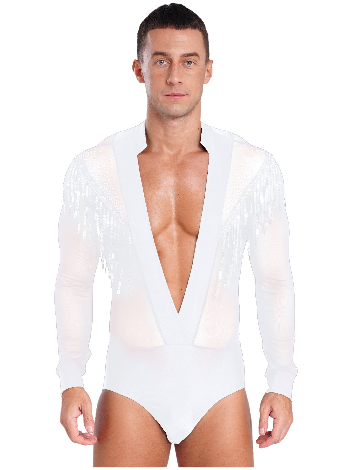 Zaldita Men's Latin Dance Shirt Sheer Mesh Patchwork Fringe Bodysuit Modern Dance Leotard ...
