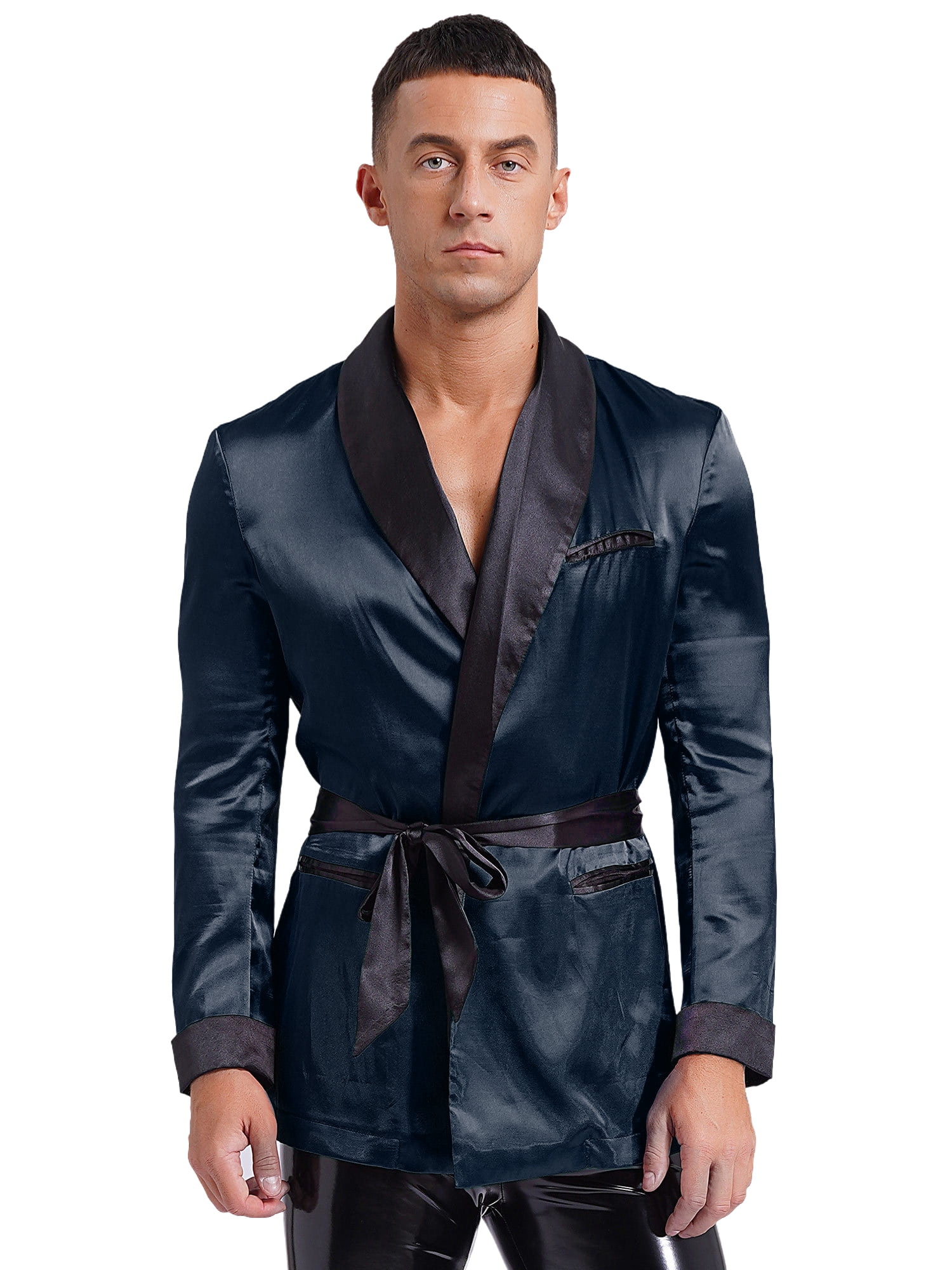 Zaldita Men's Smoking Jacket Satin Gown Robe Long Sleeve Short Kimono ...