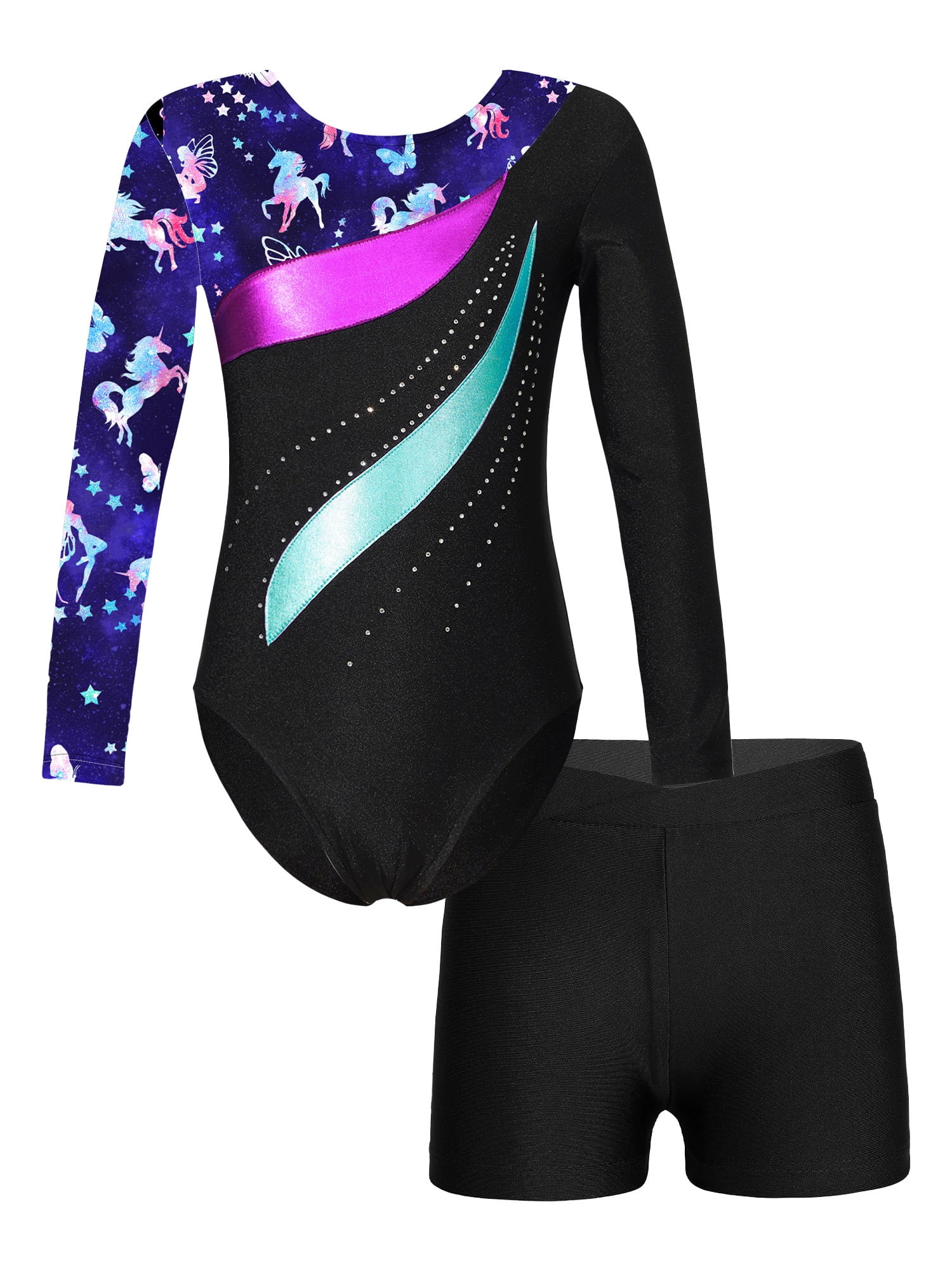 Zaldita Printed Gymnastics Leotards for Girls with Shorts Long Sleeve ...