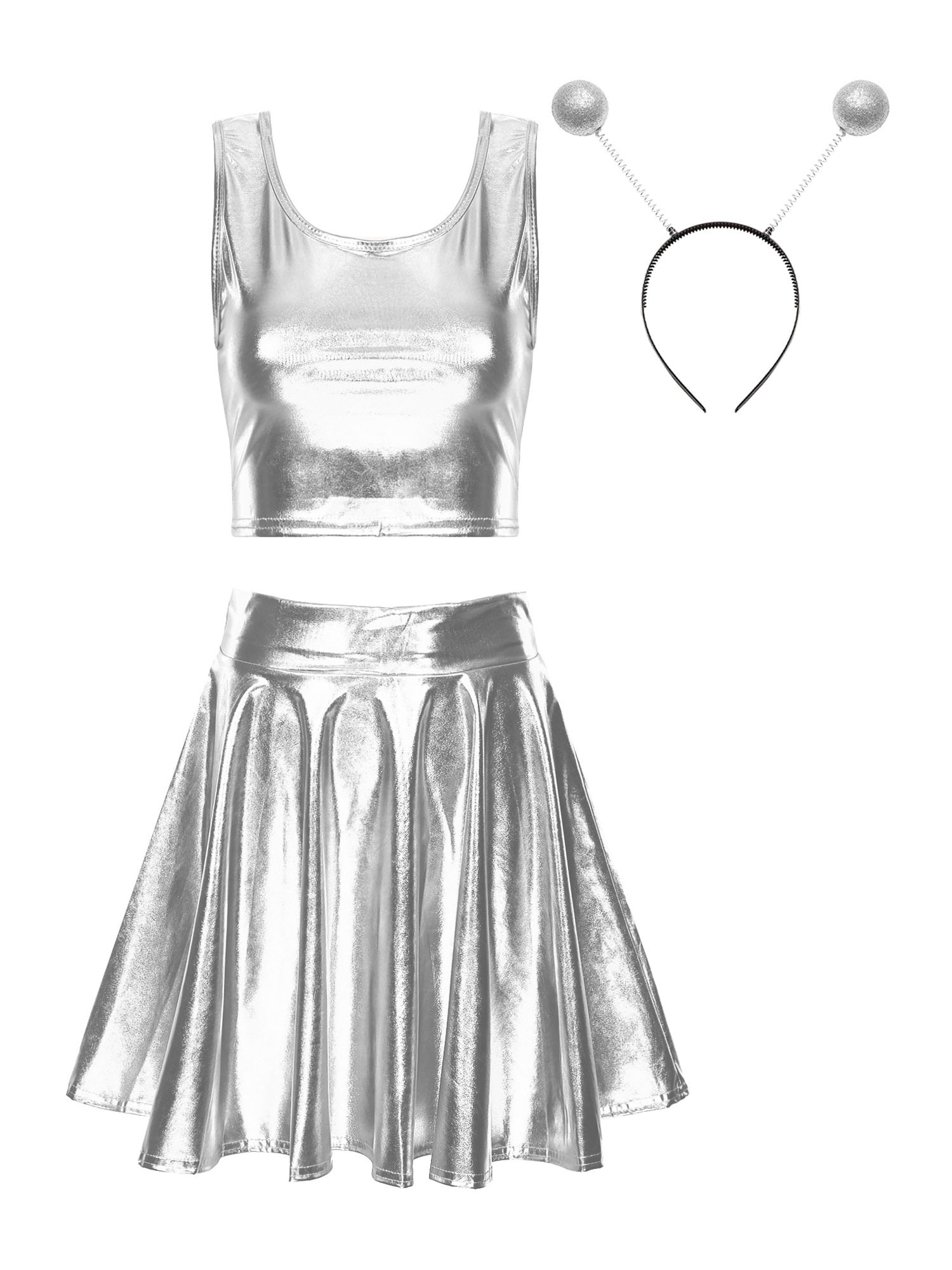 Zaldita Women Alien Costume Metallic Crop Tank Top Pleated Skirt with ...