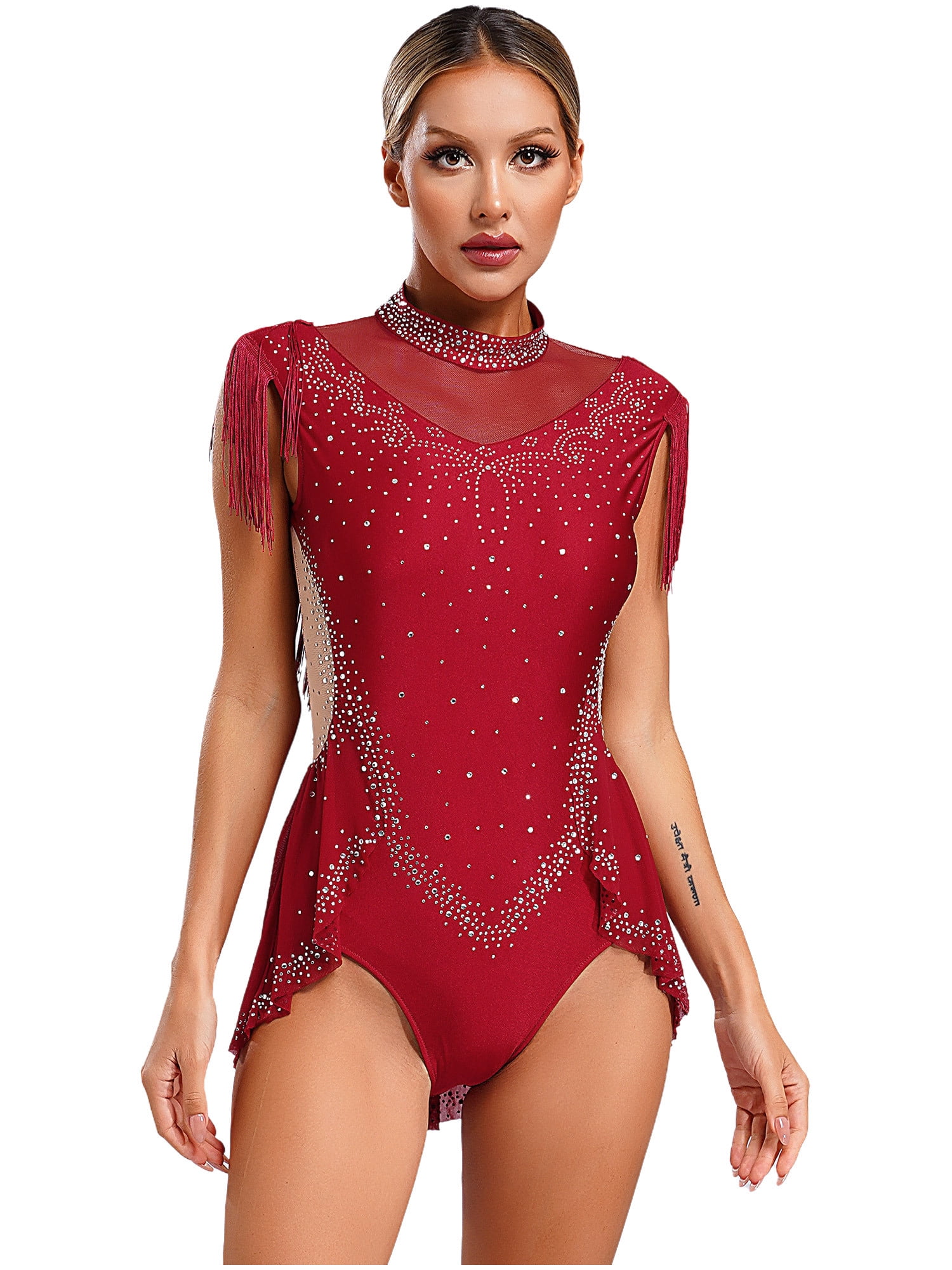 Zaldita Women Fringed Salsa Latin Dance Dress Sleeveless Sheer Mesh Leotard Gymnastics Bodysuit ...