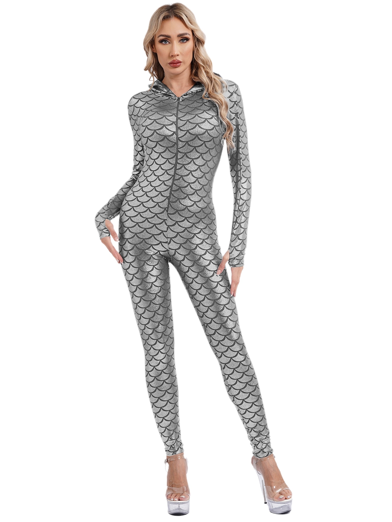 Zaldita Women Shiny Fishscale Print Long Sleeve Unitard with Hooded ...