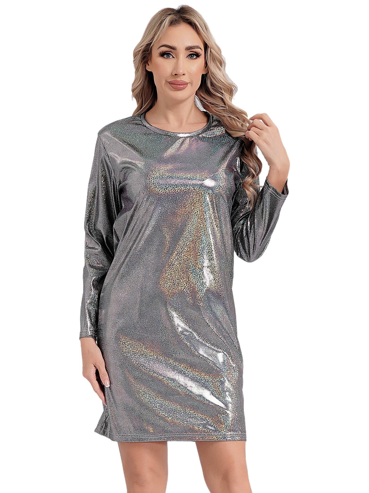 Zaldita Women Shiny Metallic Long Sleeves T-shirt Dress Loose Fit ...