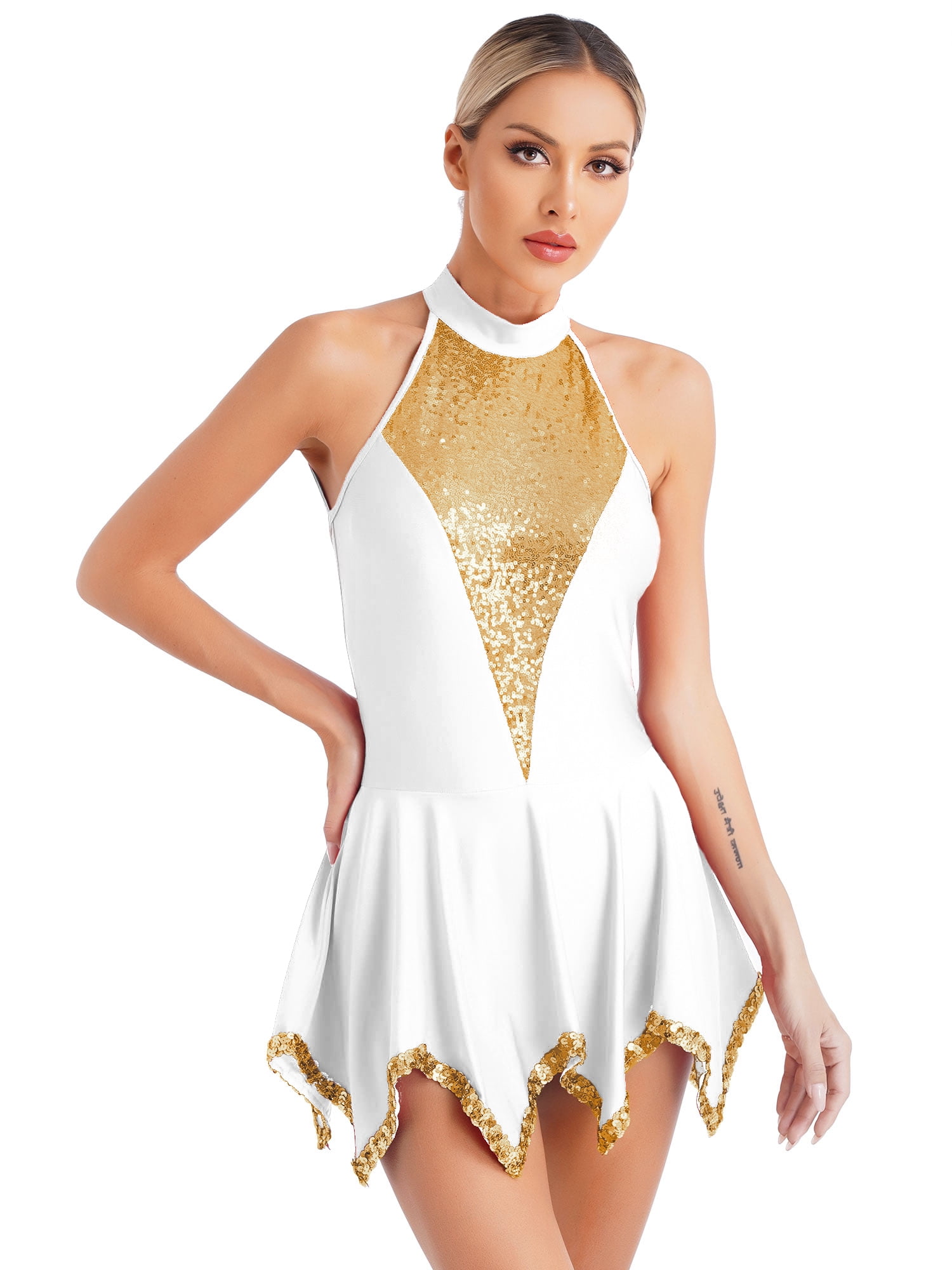 Zaldita Women Shiny Sequin Gymnastic Leotard Lyrical Dance Dress Figure Skating Dress White M ...