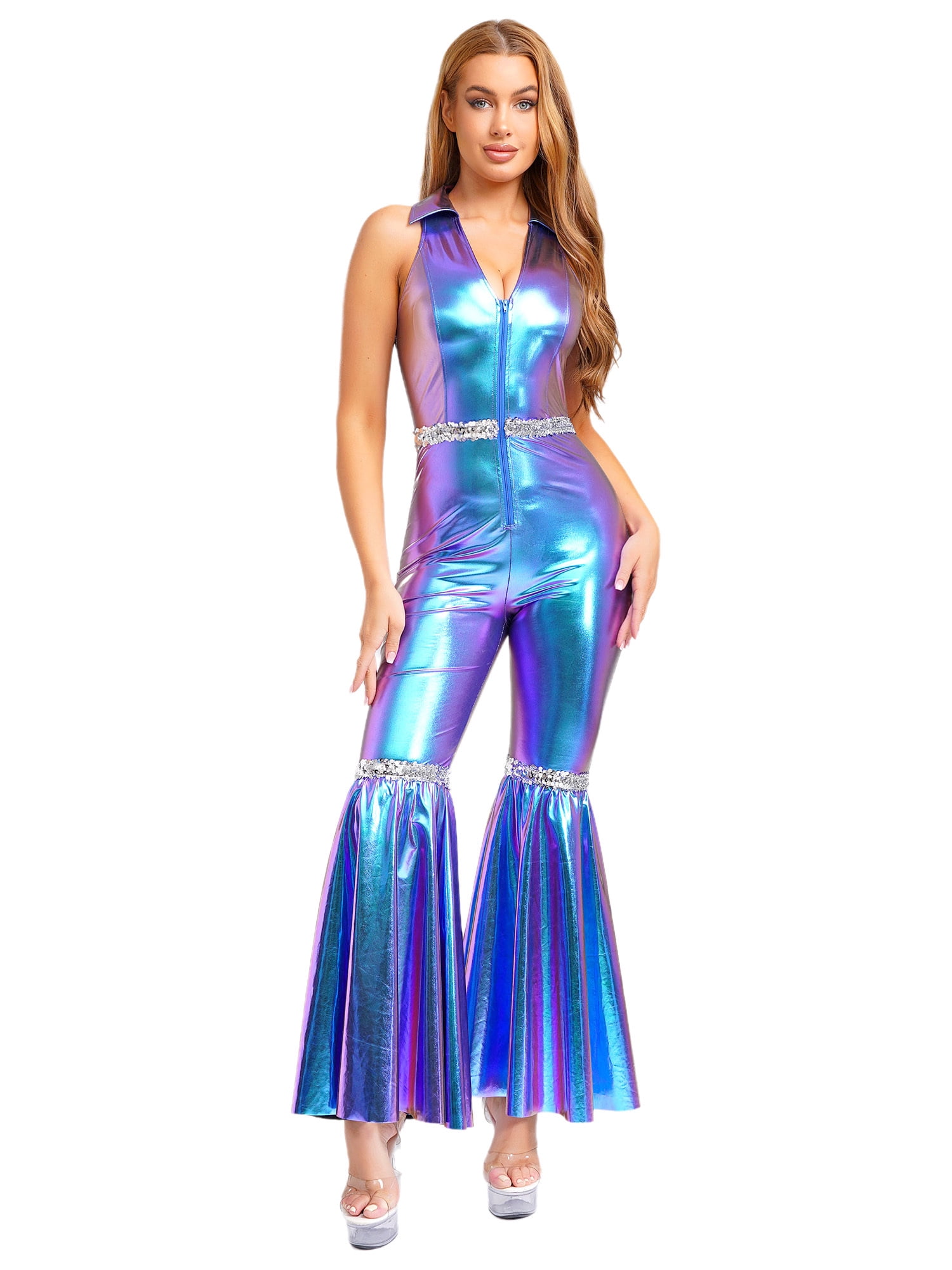 Zaldita Women Sleeveless Metallic Sequins Vintage 70s Disco Bell Bottom ...