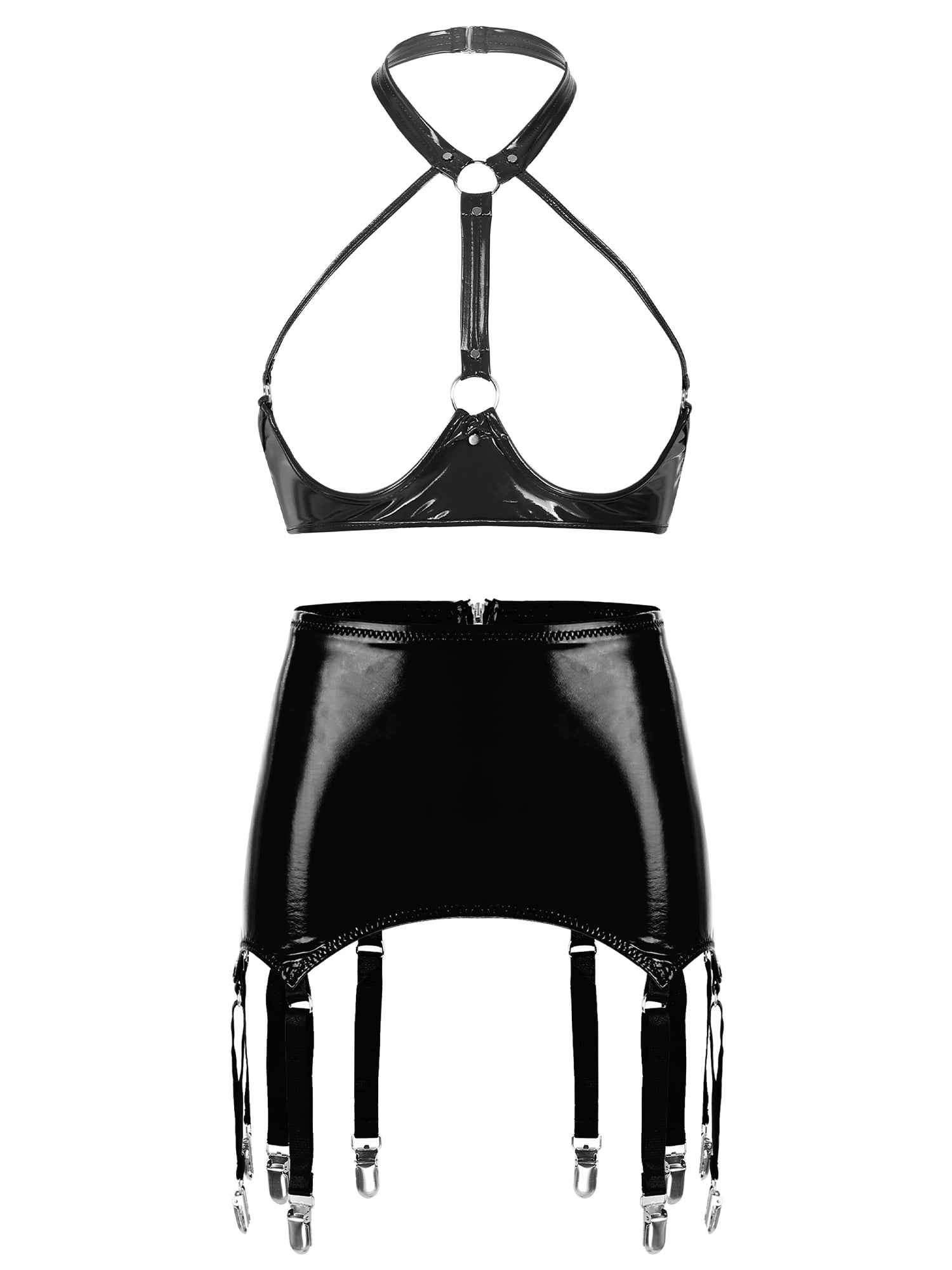 Zaldita Women Wetlook Patent Leather Lingerie Set Hollow Out Latex Bra