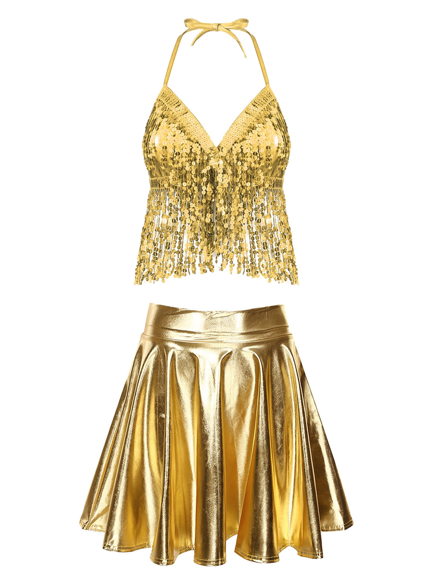 Zaldita Women's Belly Dance Costume Shiny Sequin Tassel Halter Crop Top ...