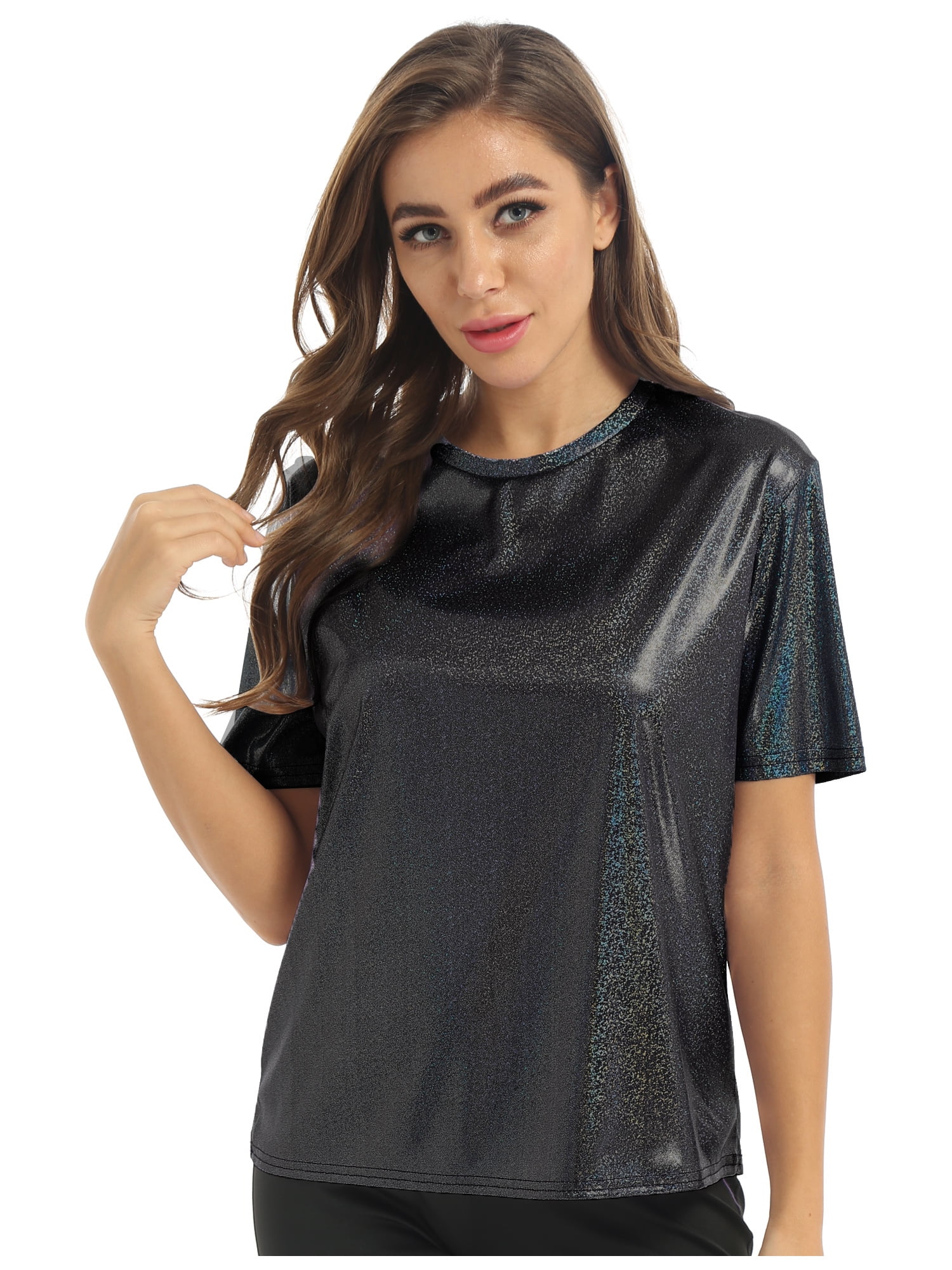 Zaldita Women's Shiny Metallic Short Sleeve T-shirt Holographic Top ...