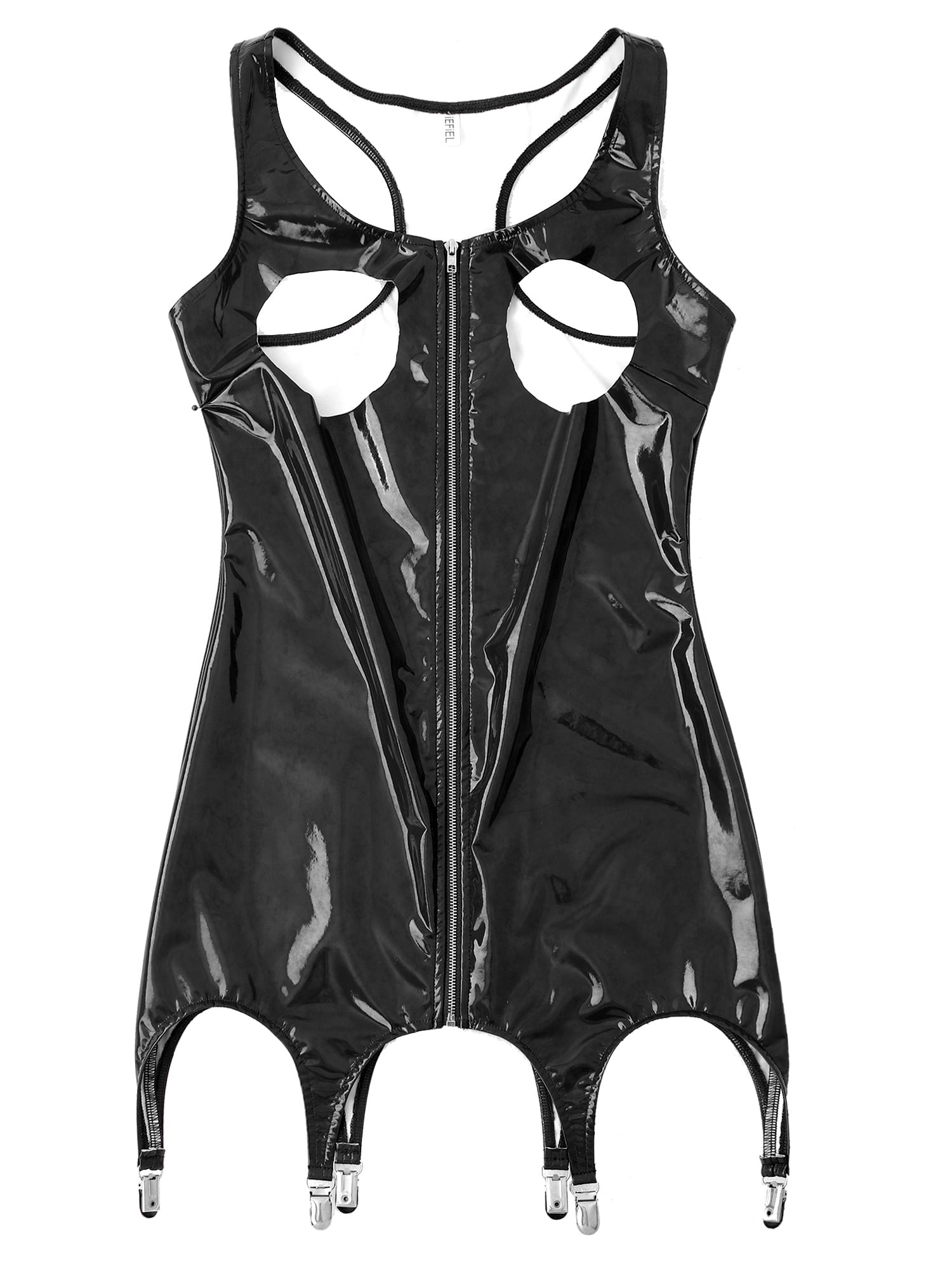 Zaldita Women's Wetlook Metallic Zipper Front Night Dress Bodycon Mini ...