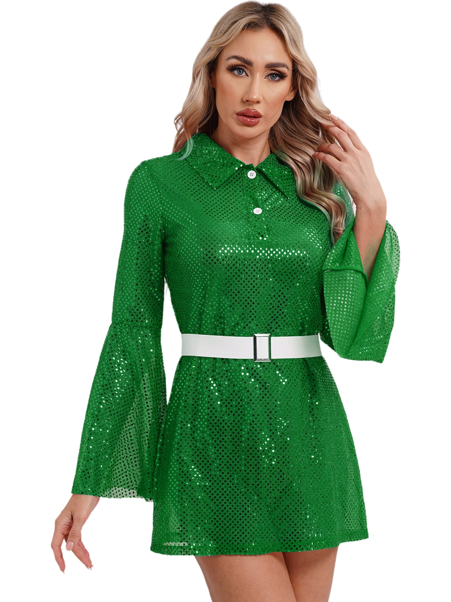 Zaldita Womens 60s Retro Disco Dress Long Sleeve Sequin Mini Dress Rave ...
