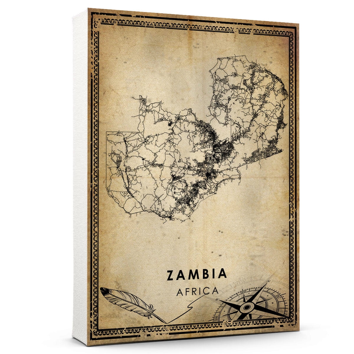Zambia Vintage Map Prints Canvas, Africa Map Art Canvas, Canvas, Zambia ...