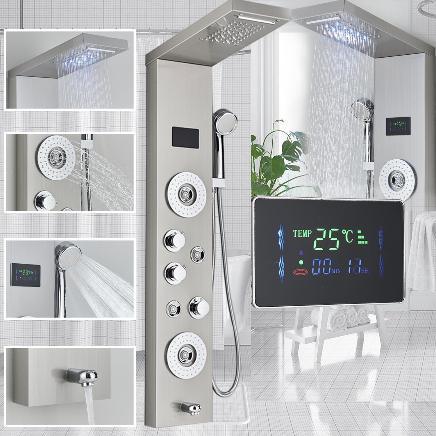 Zamery LED Waterfall Shower Panel LED Shower Head Full Body Shower Head ...