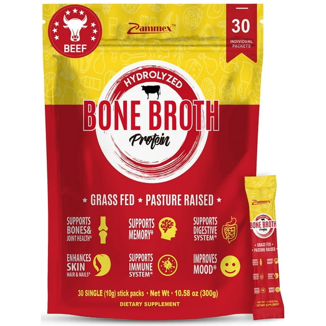 Zammex Low Sodium Drinkable Bone Broth Protein Powder, Grass Fed Beef ...