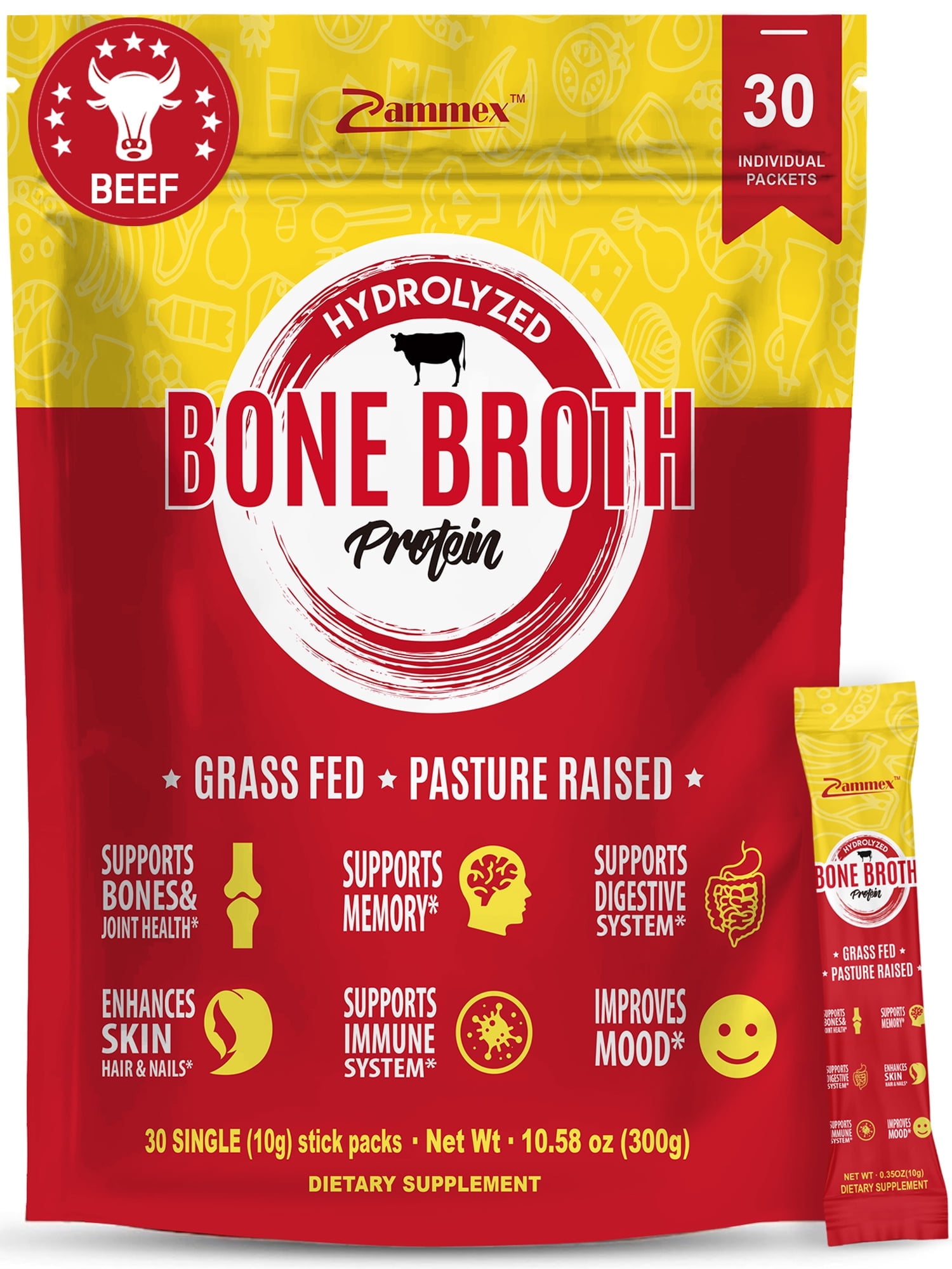 Zammex Low Sodium Drinkable Bone Broth Protein Powder, Grass Fed Beef ...