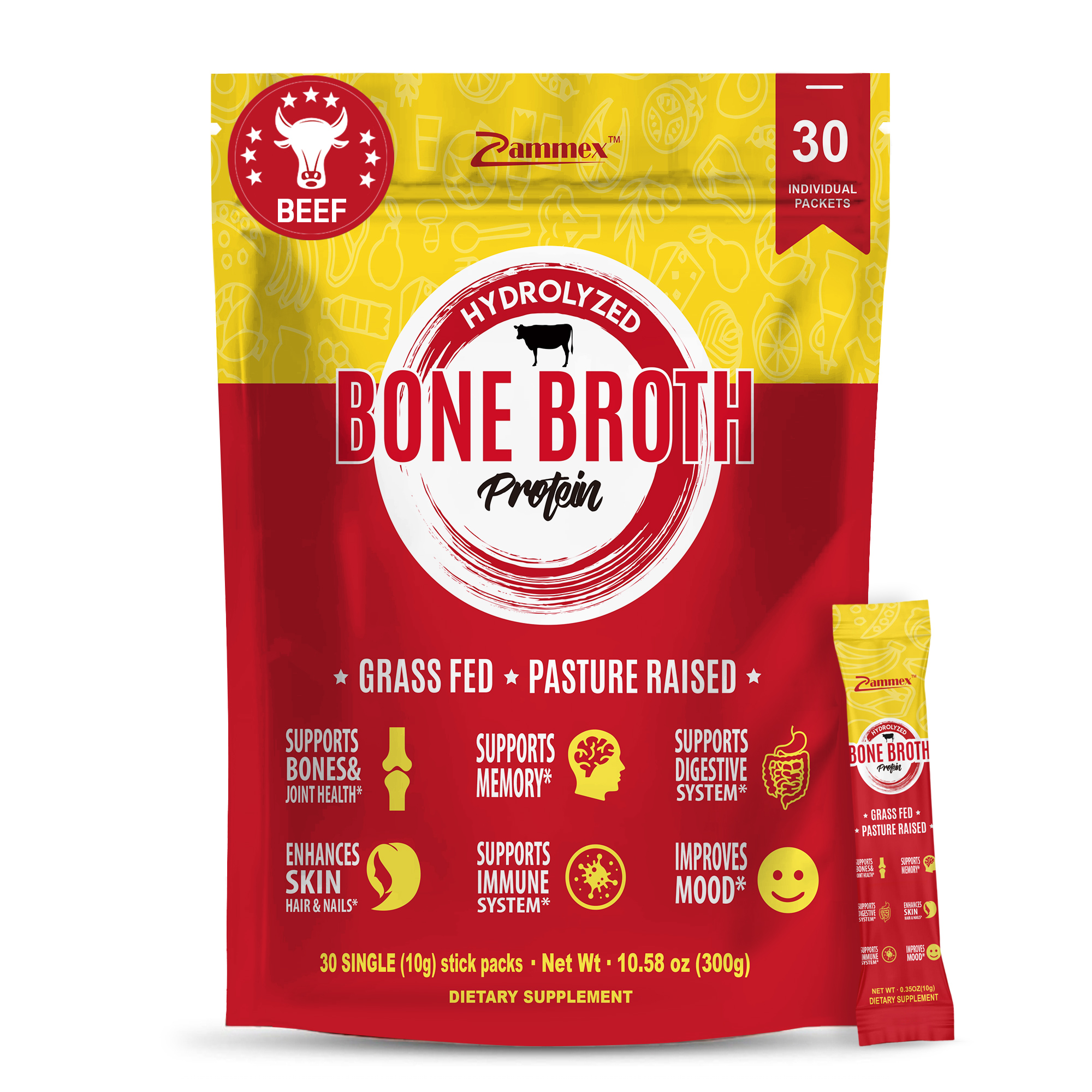 Zammex Bone Broth Protein Powder Travel Packets, Natural Flavor Grass ...
