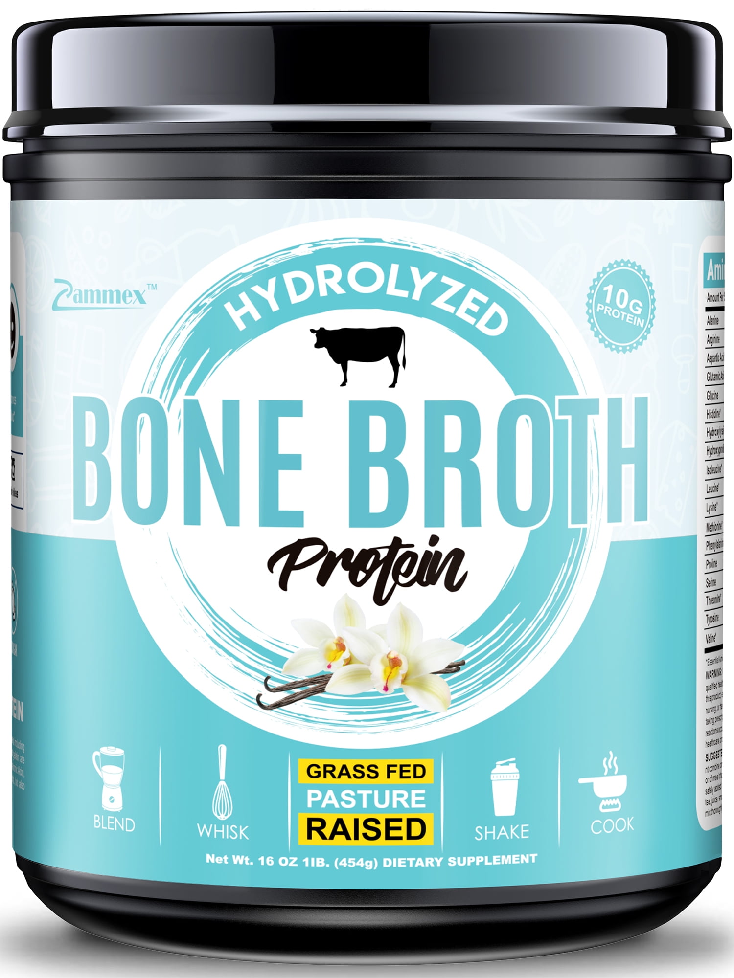 Zammex Bone Broth Protein Powder Vanilla 1 lb, Grass Fed Beef Bone ...