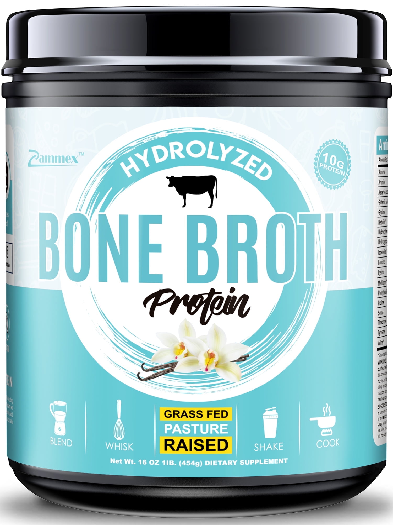 Zammex Grass Fed Beef Bone Broth Protein Powder, Vanilla, 1lb, Collagen ...
