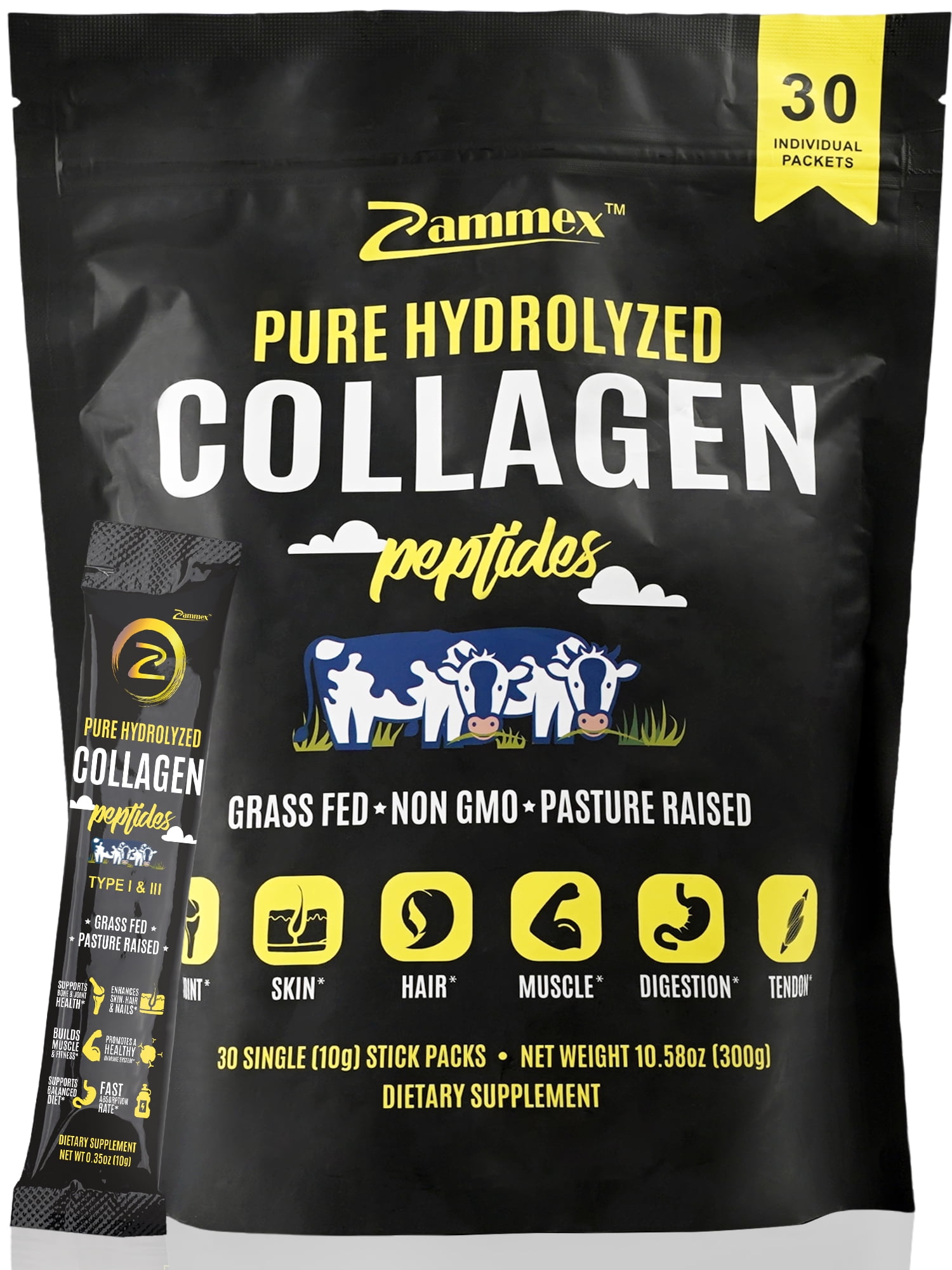 Zammex Collagen Peptides Powder, Grass Fed, Travel Packets, Unflavored ...