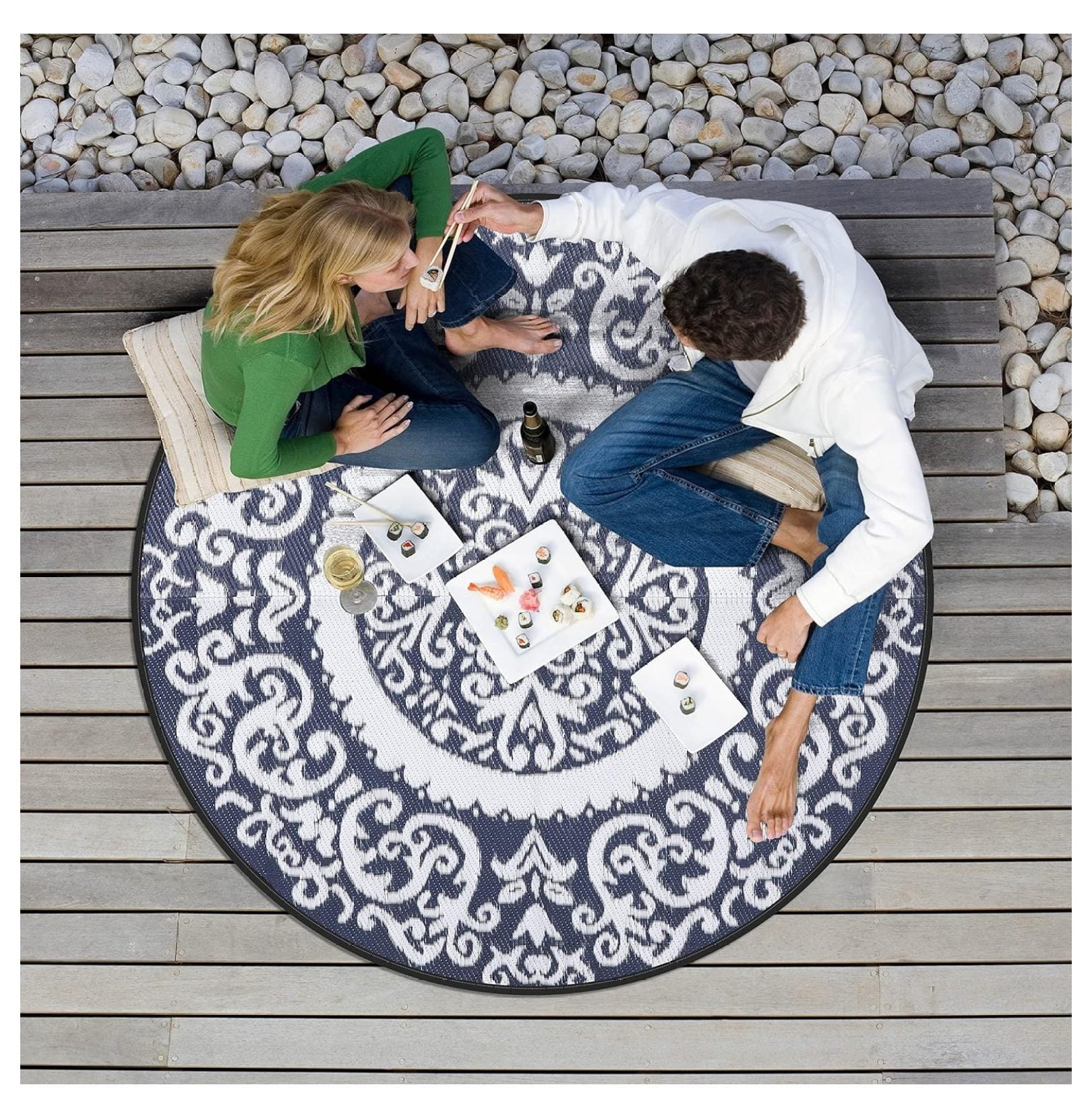 ZanQee 5Ft Round Outdoor Rug for Patios Waterproof, Plaid Reversible ...