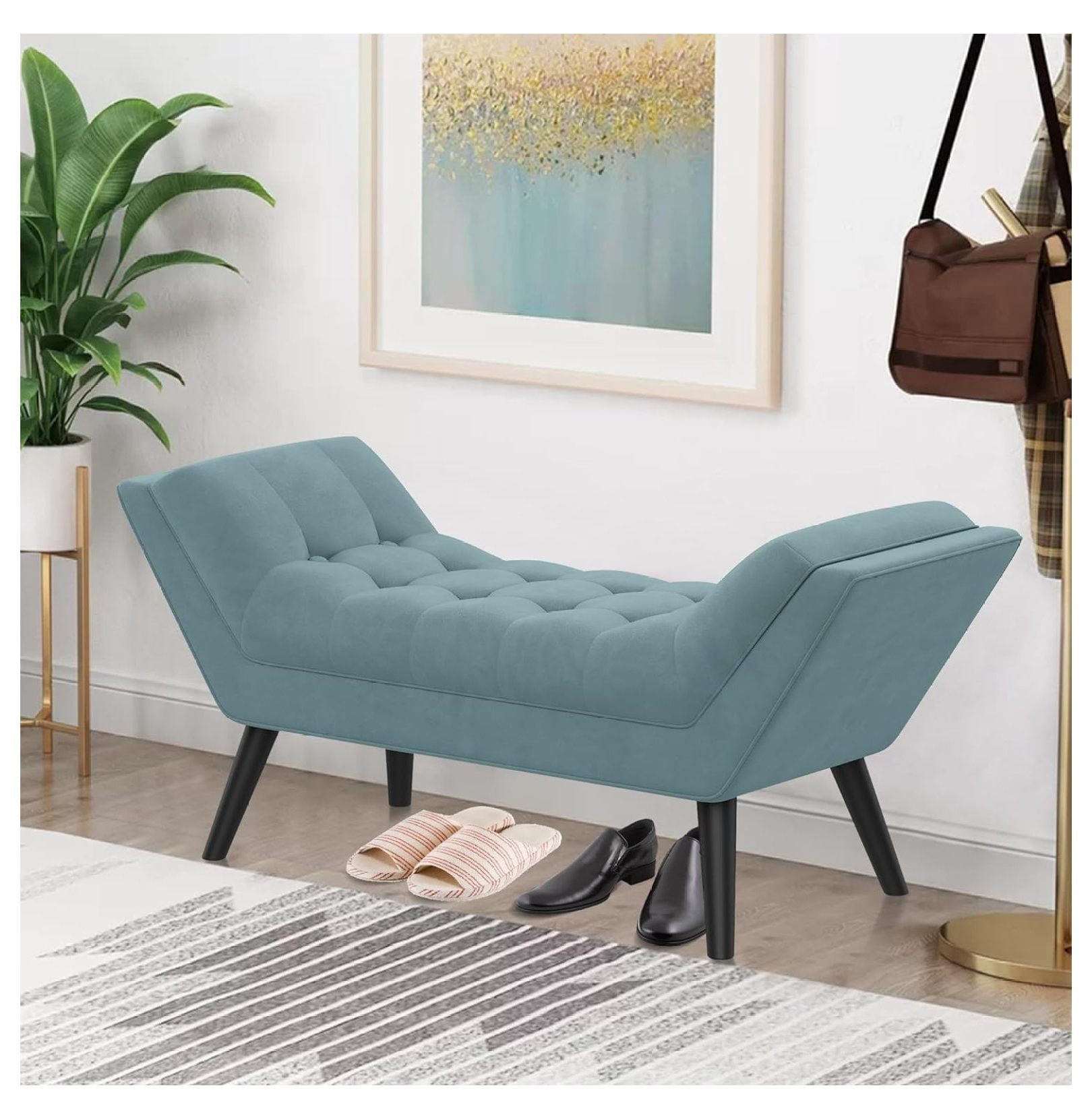 ZanQee Blue Velvet Tufted Ottoman Bed Bench, Upholstered Entryway Bench ...
