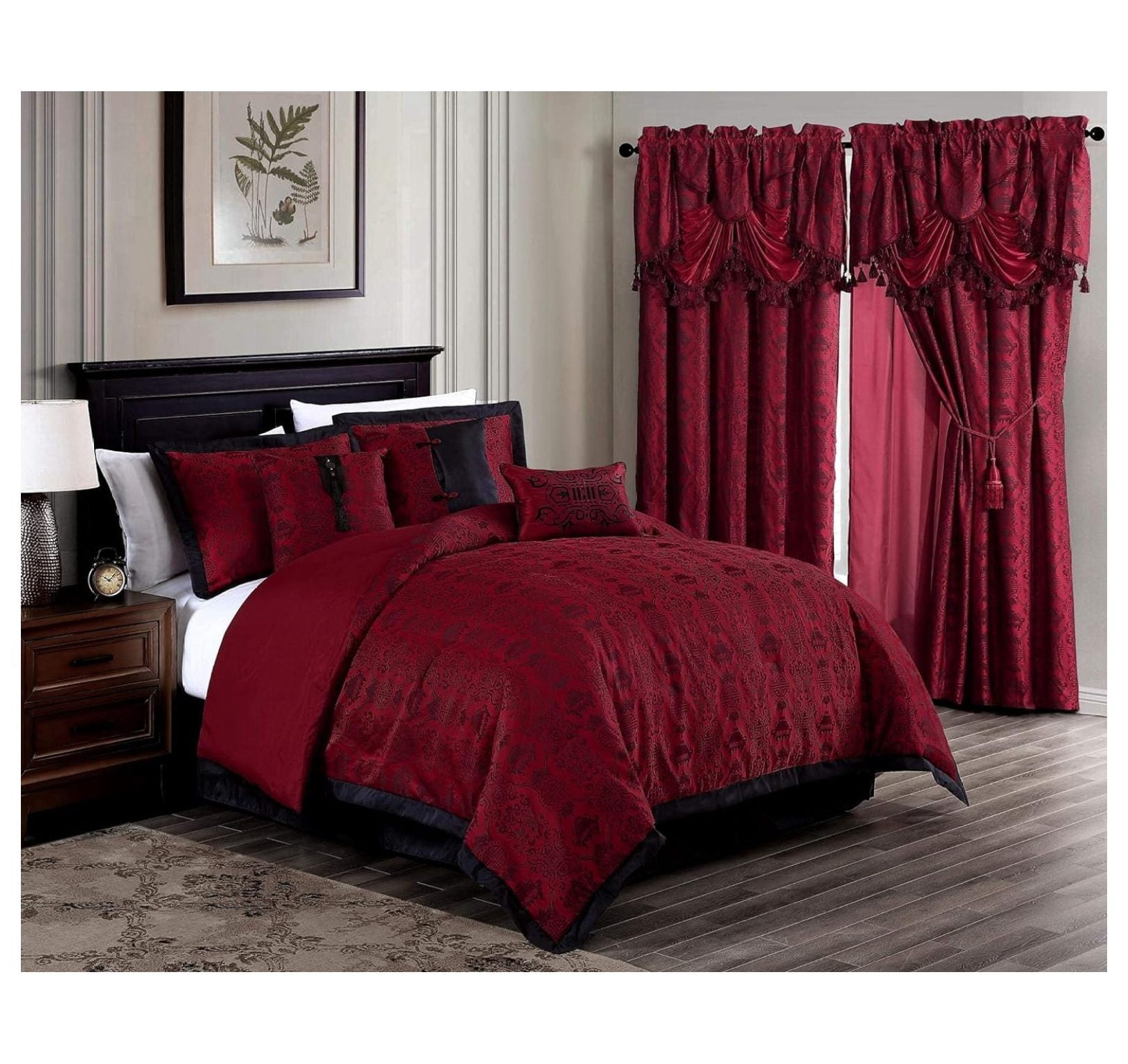 ZanQee Noble 7-Piece Oriental Red Black Jacquard Comforter Set, Queen ...
