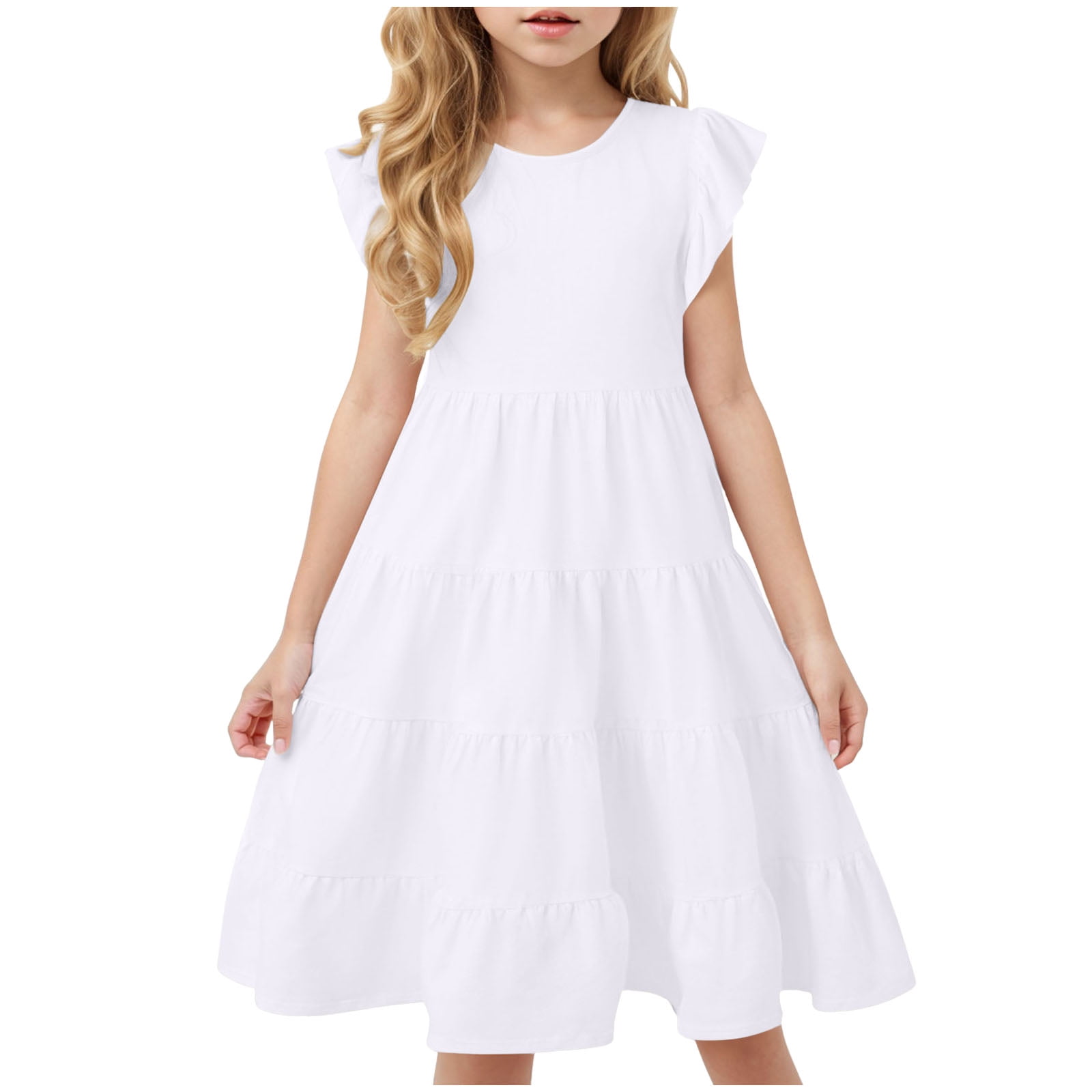 Zanarzt Girls Princess Dress Girl's Dresses Cotton Ruffle Sleeve Tiered ...