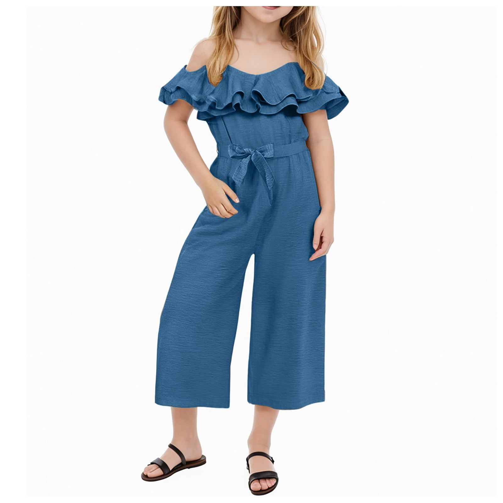 Zanarzt Teen Girl Summer Jumper Girls' Jumpsuit Kids Ruffle Wide Leg ...