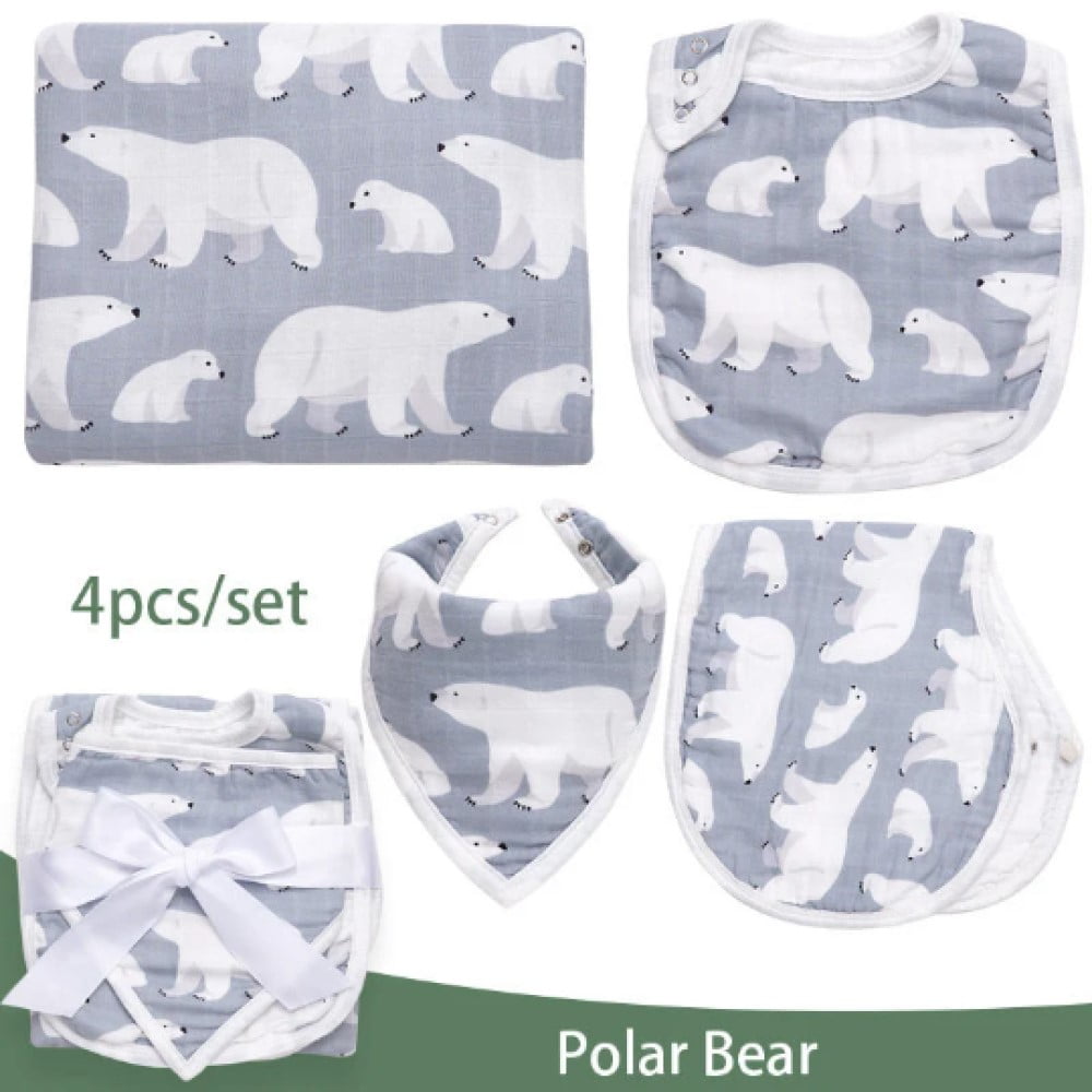 ZandH Global Polar Bear Baby Bamboo Cotton Muslin Swaddle Blanket, Bib ...