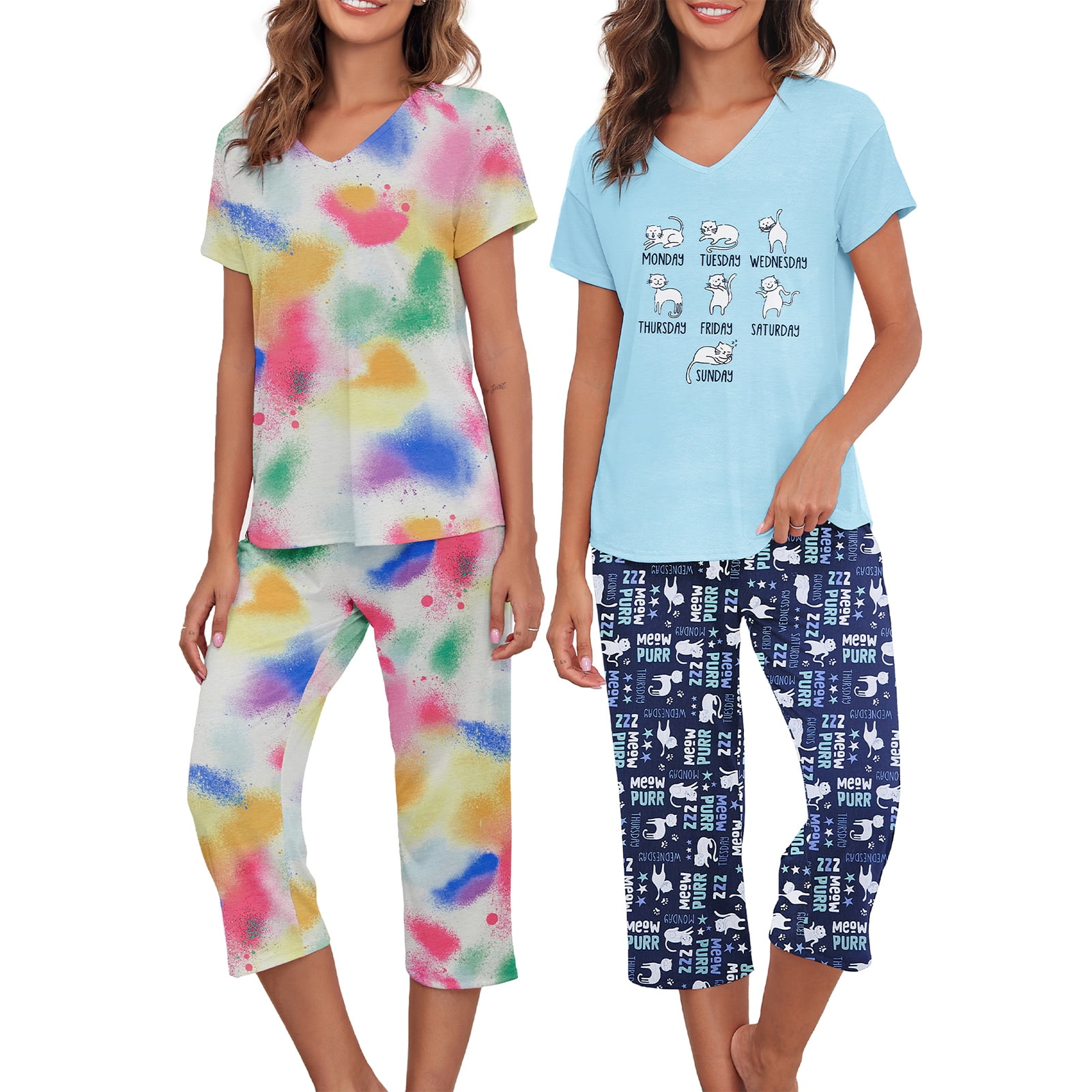 Zando 2 Pack Womens Pajama Sets Cotton Pajamas for Women Comfy Tops and Capri Pants Pajamas Set ...