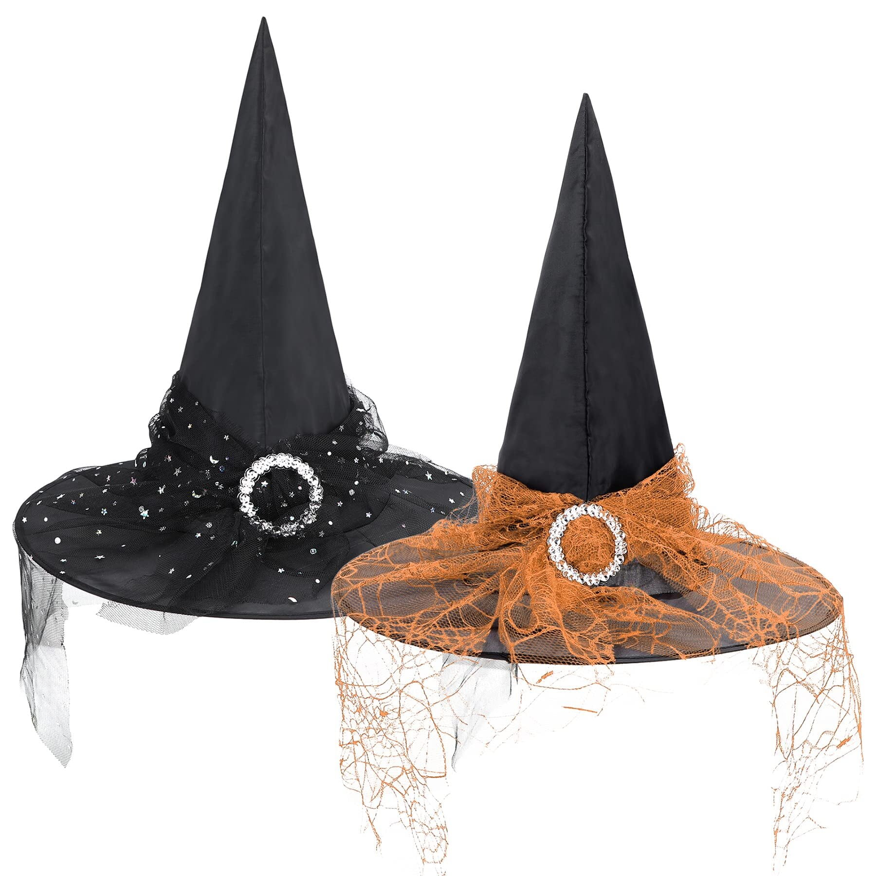 Zando 2Pcs Witch Hat with Veil Wide Brim Lace Wizard Hat Halloween ...