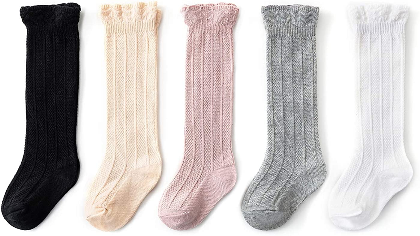 Zando Kids Knee High Socks, 5 Pairs Infant Girls Ruffled Tube Stockings, Cute Cable Knit, 5 ...