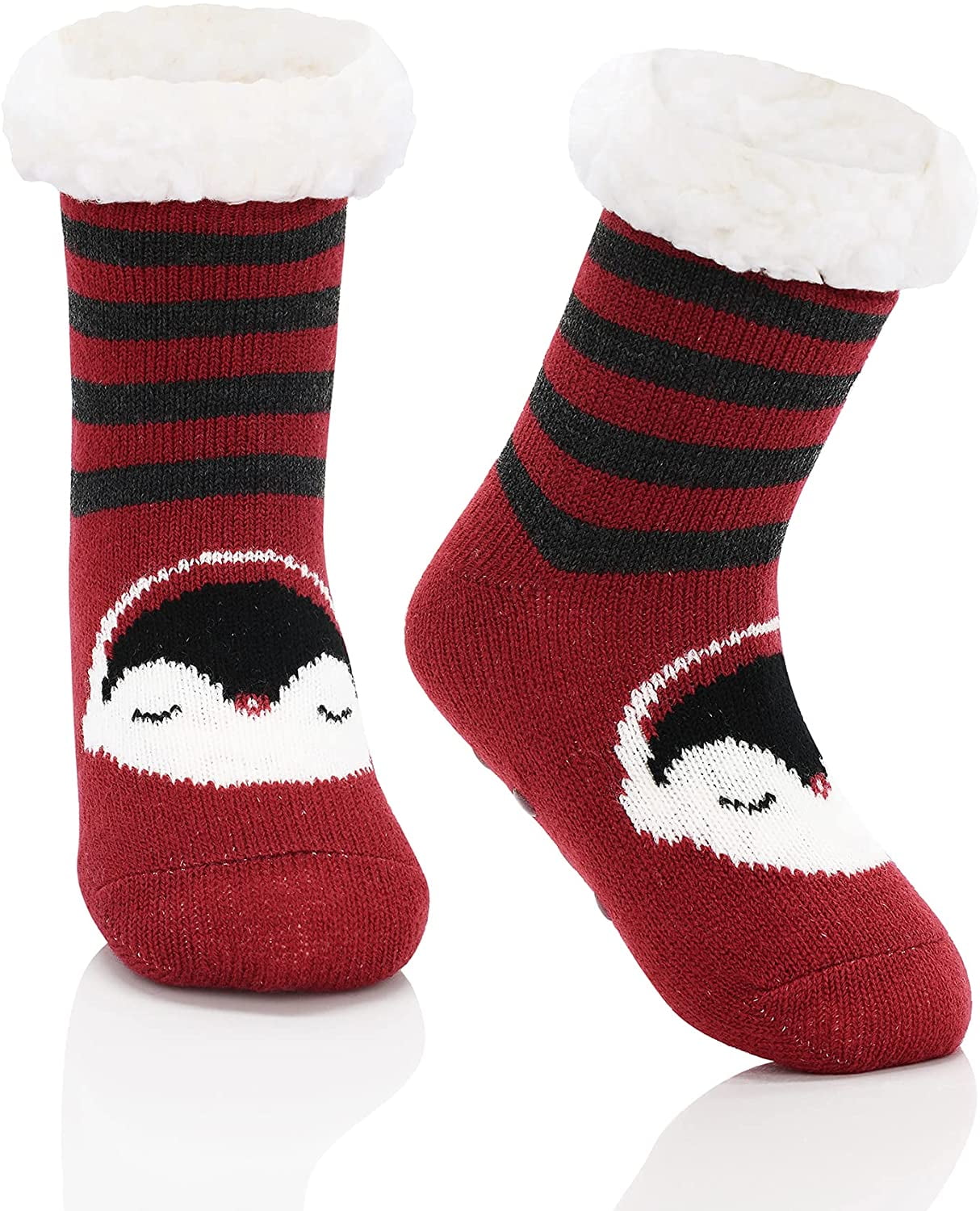 Zando Kids Cozy Fuzzy Slipper Socks with Grippers, Warm Christmas Gift for Boys & Girls, Red ...