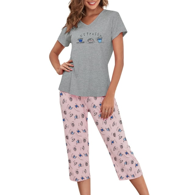 Zando Women's Short Sleeve Cotton Sleep Pajamas Plus Size Summer Capri ...