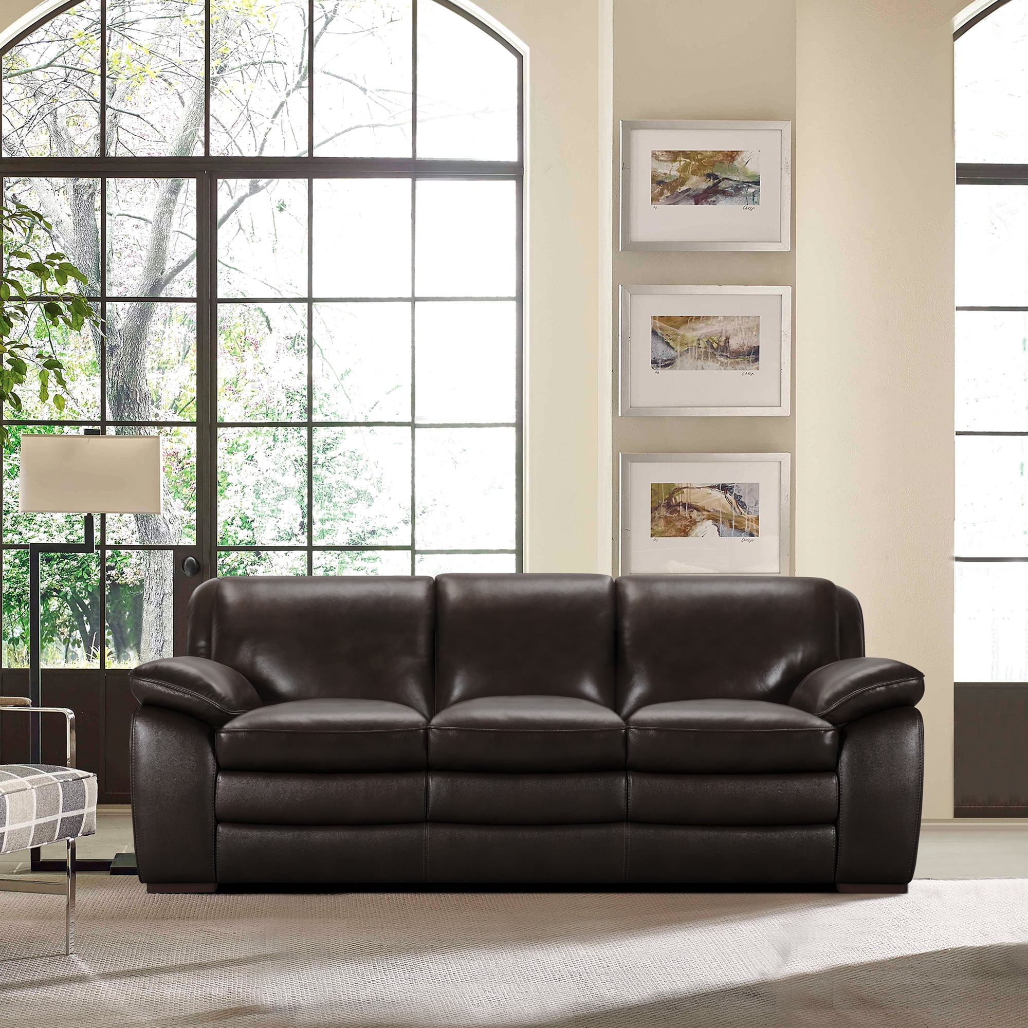 Zanna Contemporary Sofa in Genuine Dark Brown Leather with Brown Wood ...