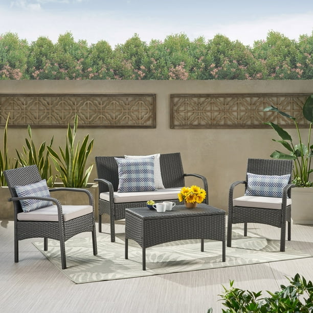 Zanoah Outdoor 4 Piece Wicker Chat Set with Water Resistant Cushions ...