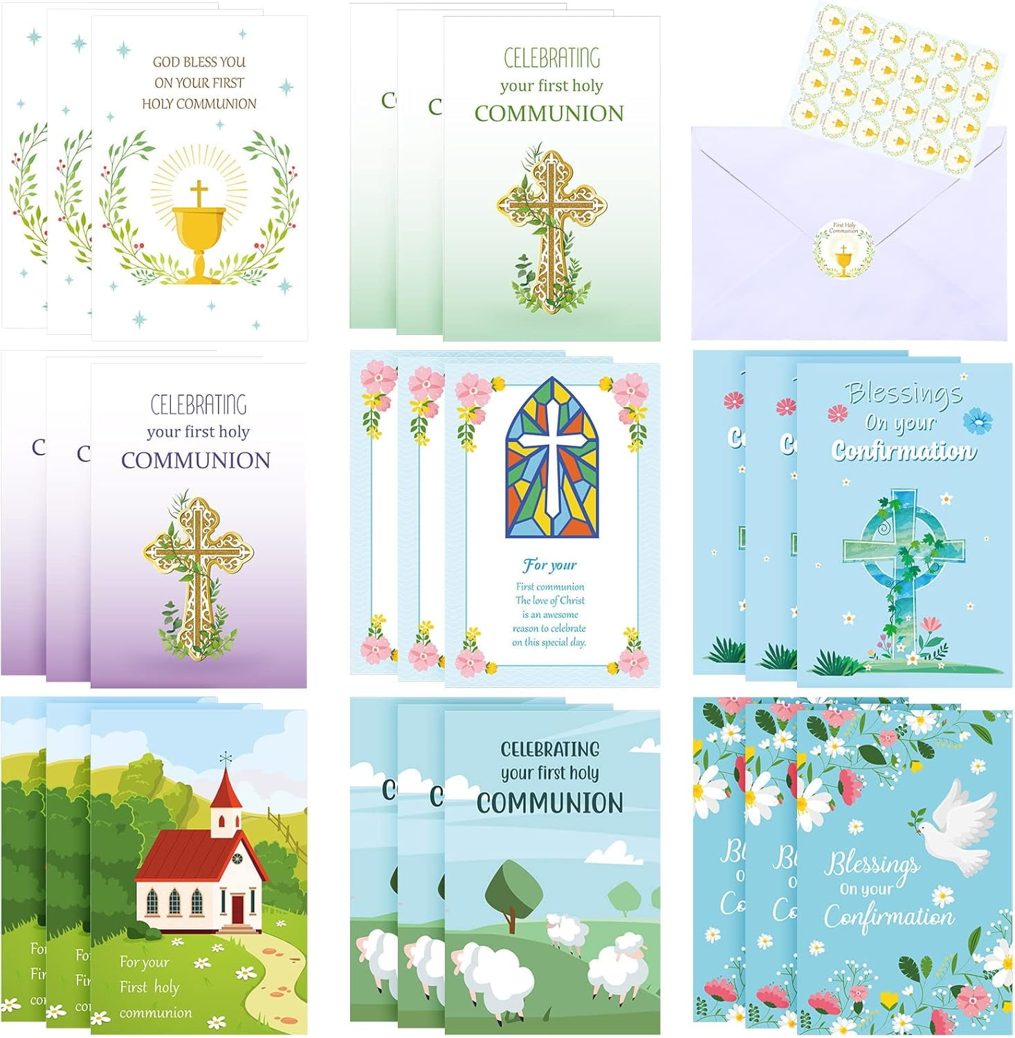 Zaoz 24 Sets First Holy Communion Cards Religious Baby Baptism Greeting ...