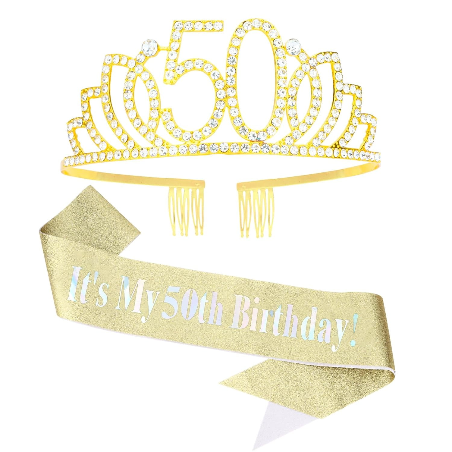 Zaoz 50th Birthday Sash Gold Birthday Tiara and Sash for Women 50th Birthday Sash and Crown for ...