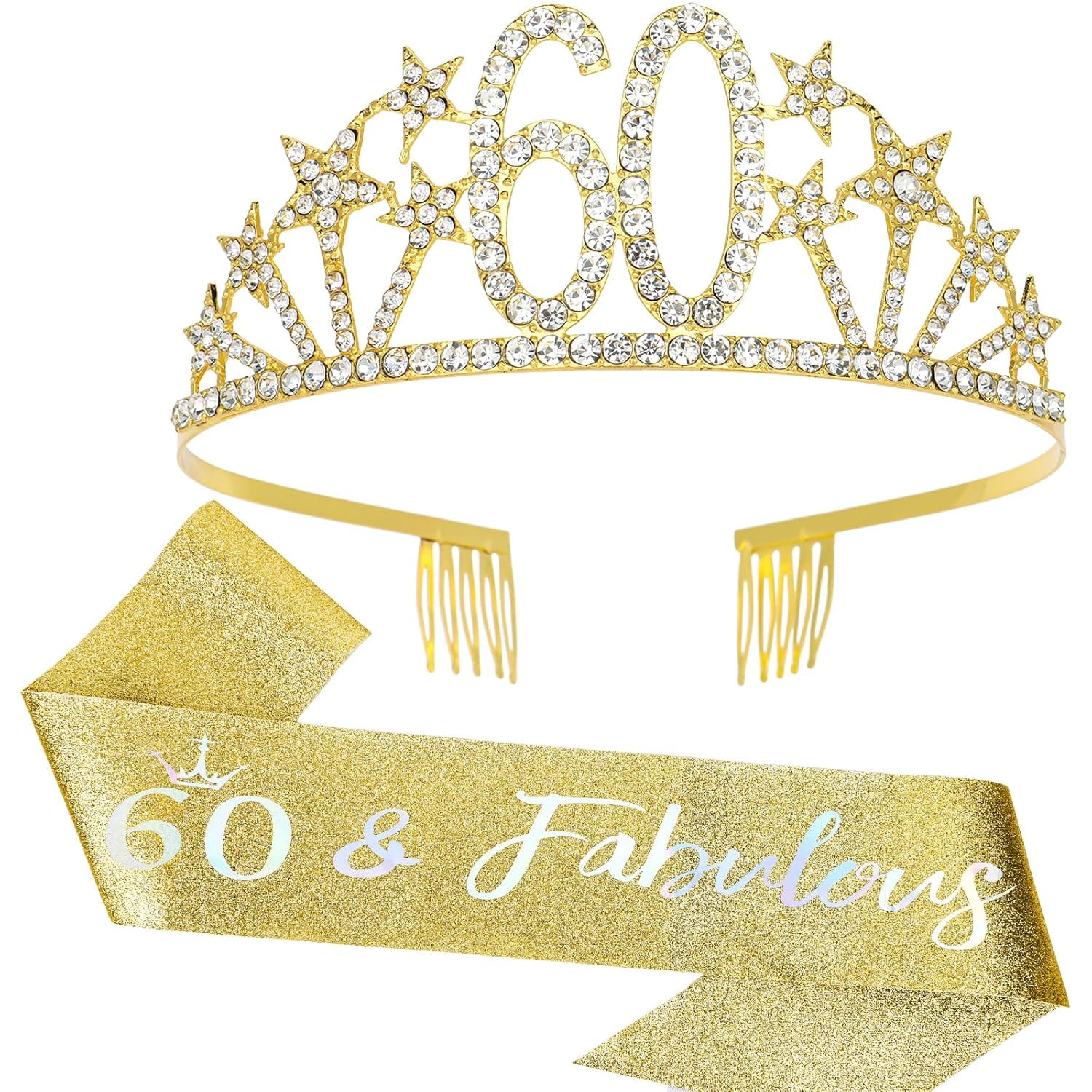 Zaoz 60th Birthday Sash Gold Birthday Tiara and Sash for Women 60th Birthday Sash and Crown for ...