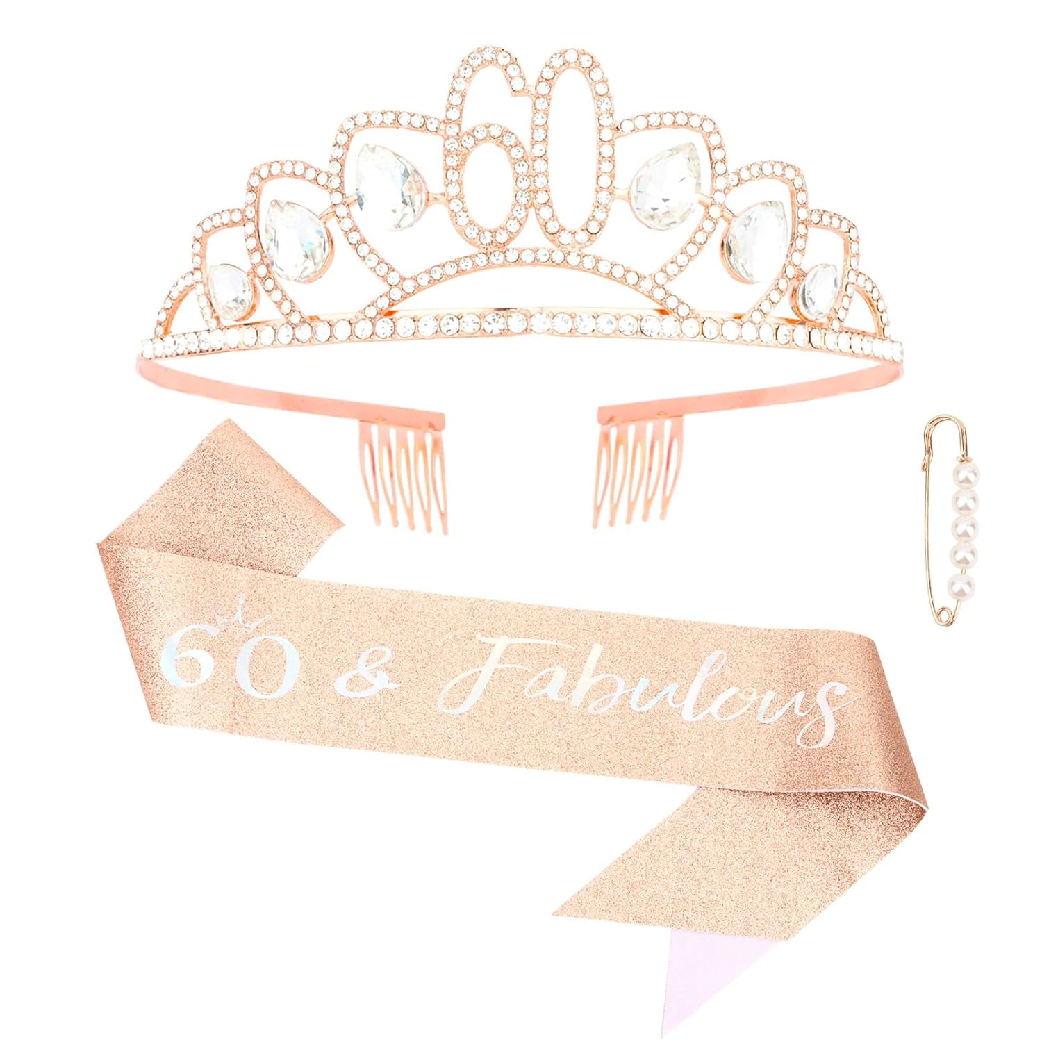 Zaoz 60th Birthday Sash Rose Gold Birthday Tiara and Sash for Women 60th Birthday Sash and Crown ...