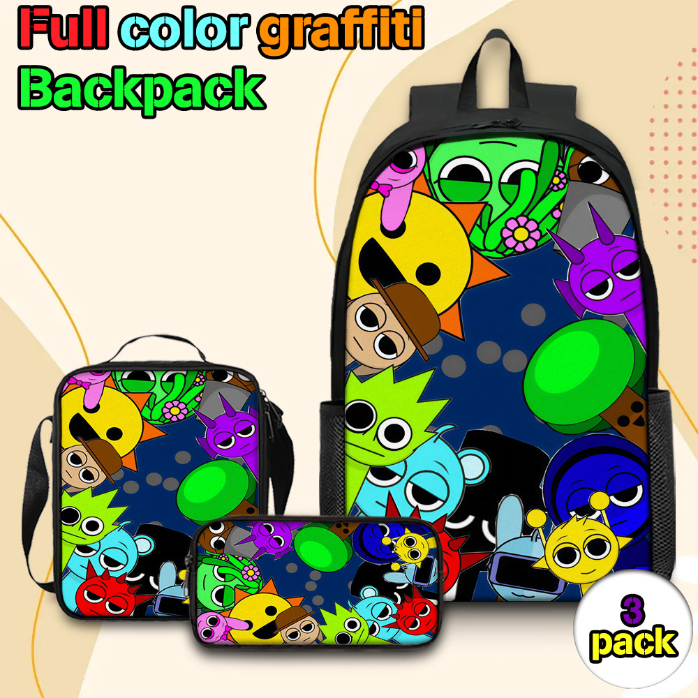 ZapZest 3Pcs Sprunki Backpacks, 17" Sprunki Figures Students Backpack ...