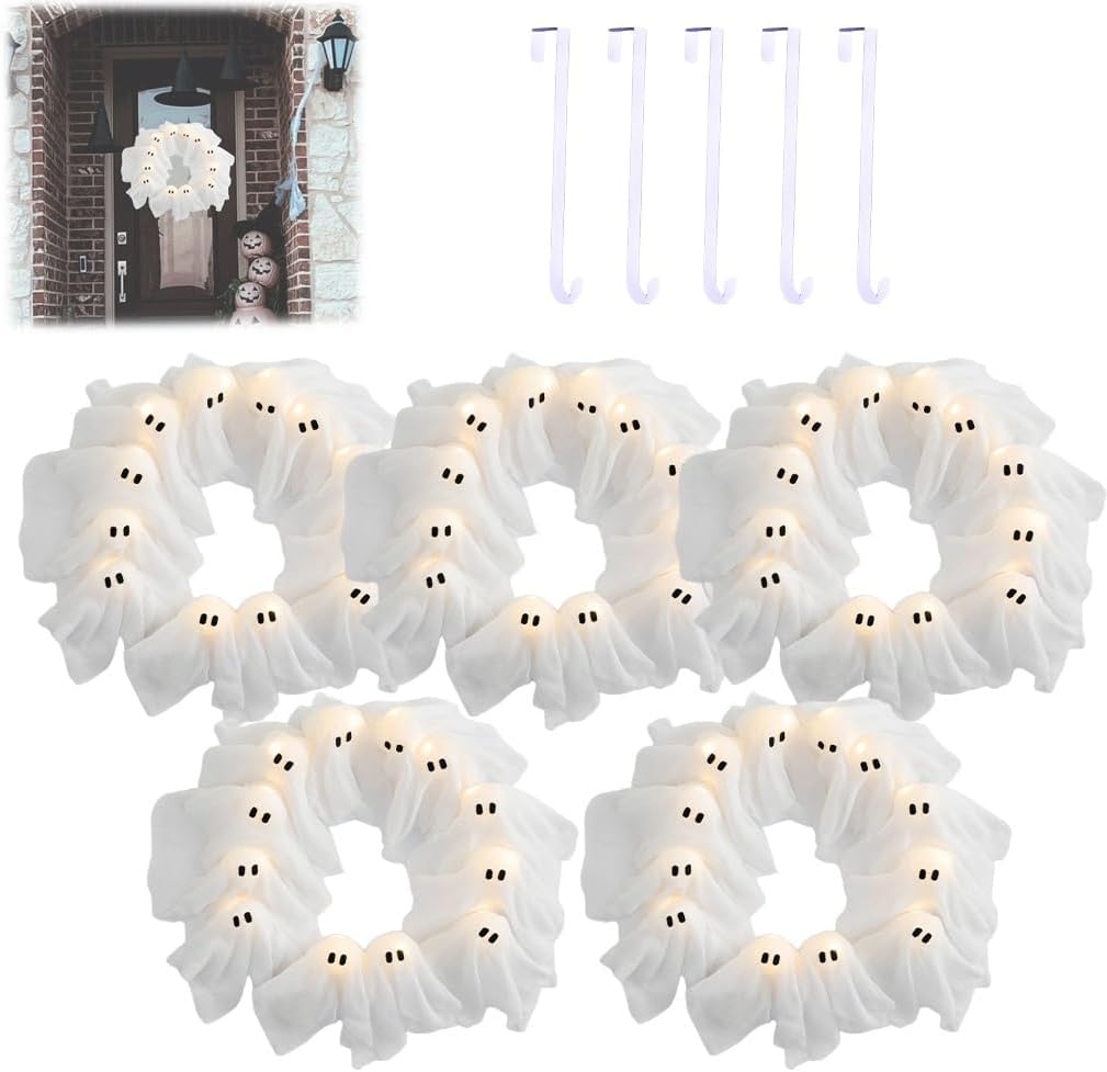 ZapZest Halloween Lit Ghosts Wreath, LED Light-Up White Ghost Garland ...
