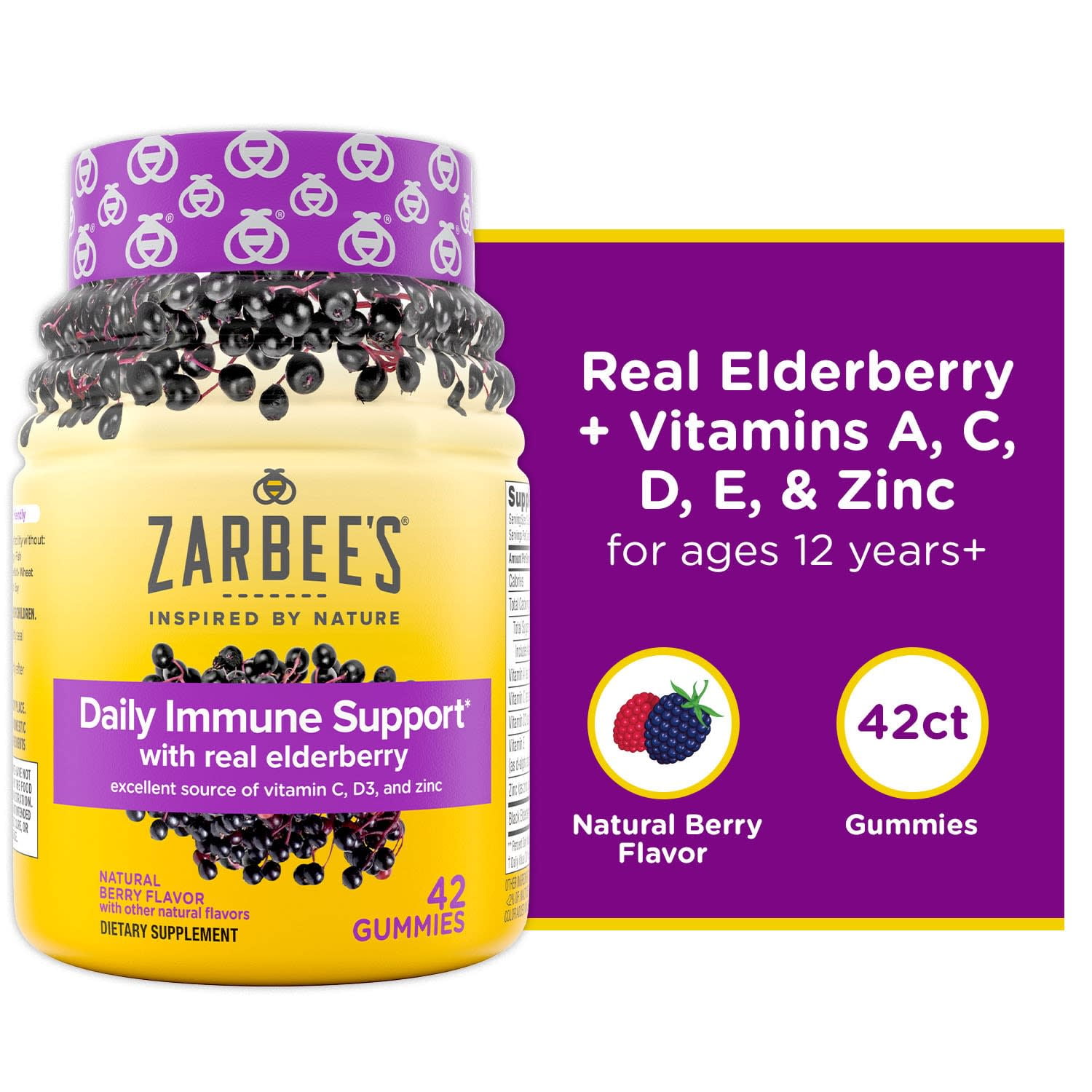 Zarbee's Kids Elderberry Gummy, Daily Immune Vitamins A, C, D, E & Zinc ...